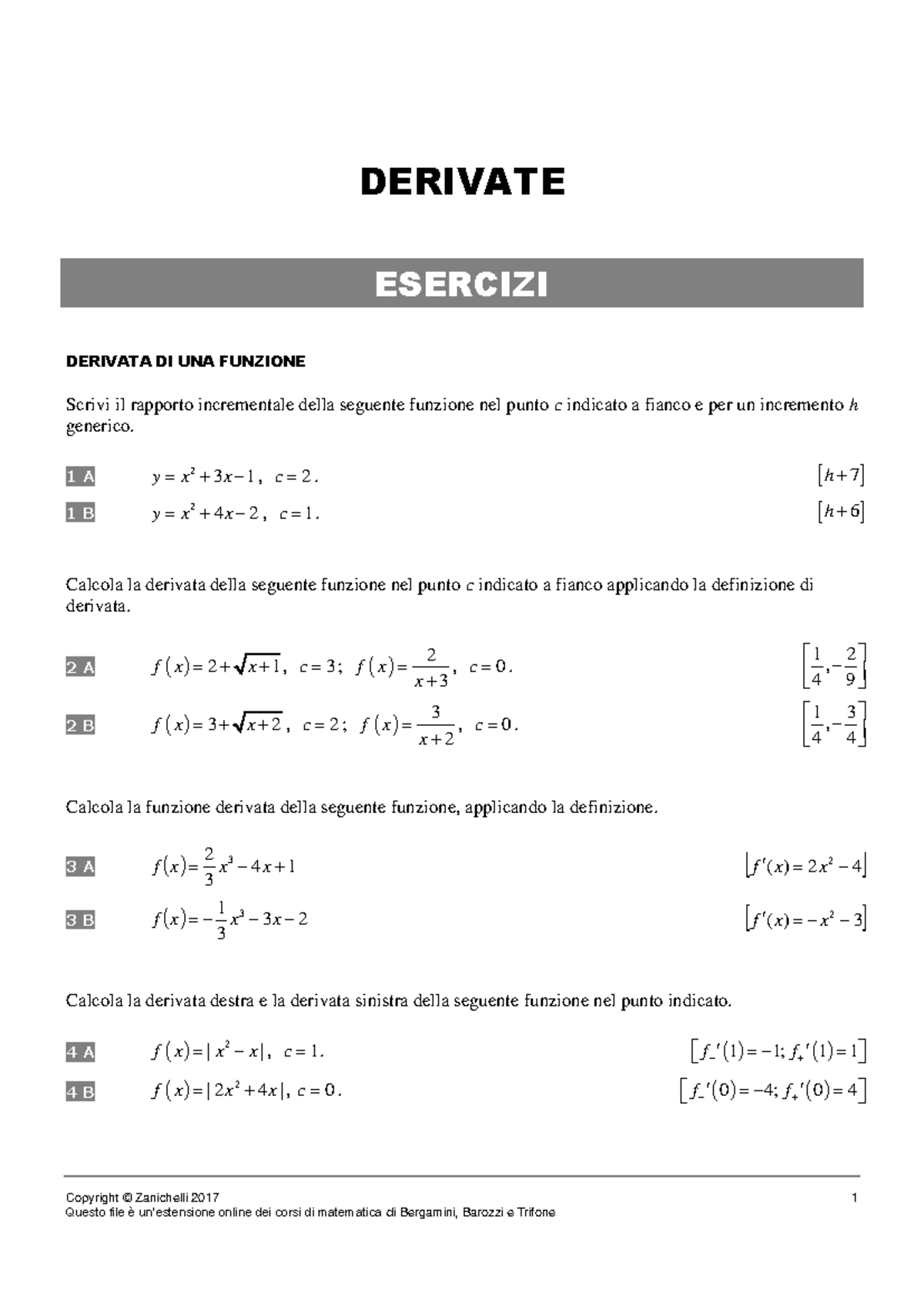 Cap 25 derivate esercizi - Copyright © Zanichelli 2017 1 DERIVATE ...