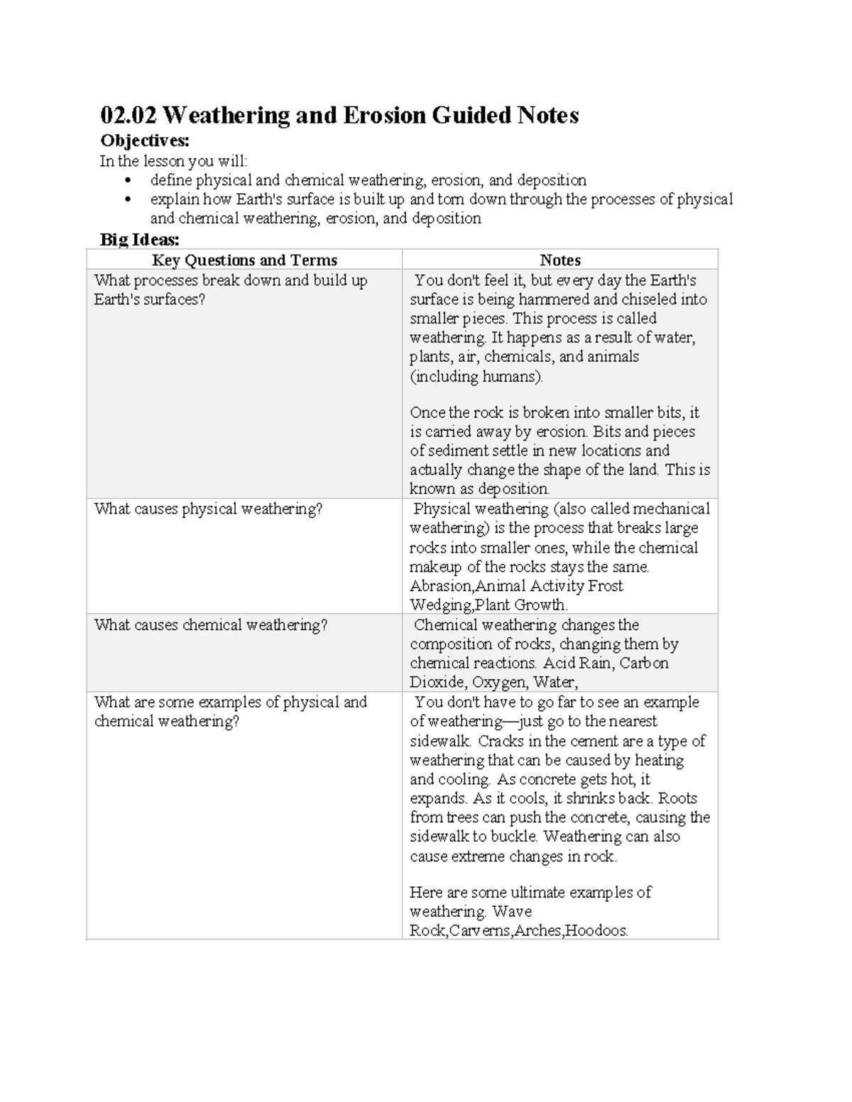 02 02 notes CS - 02 Weathering and Erosion Guided Notes Objectives: In ...