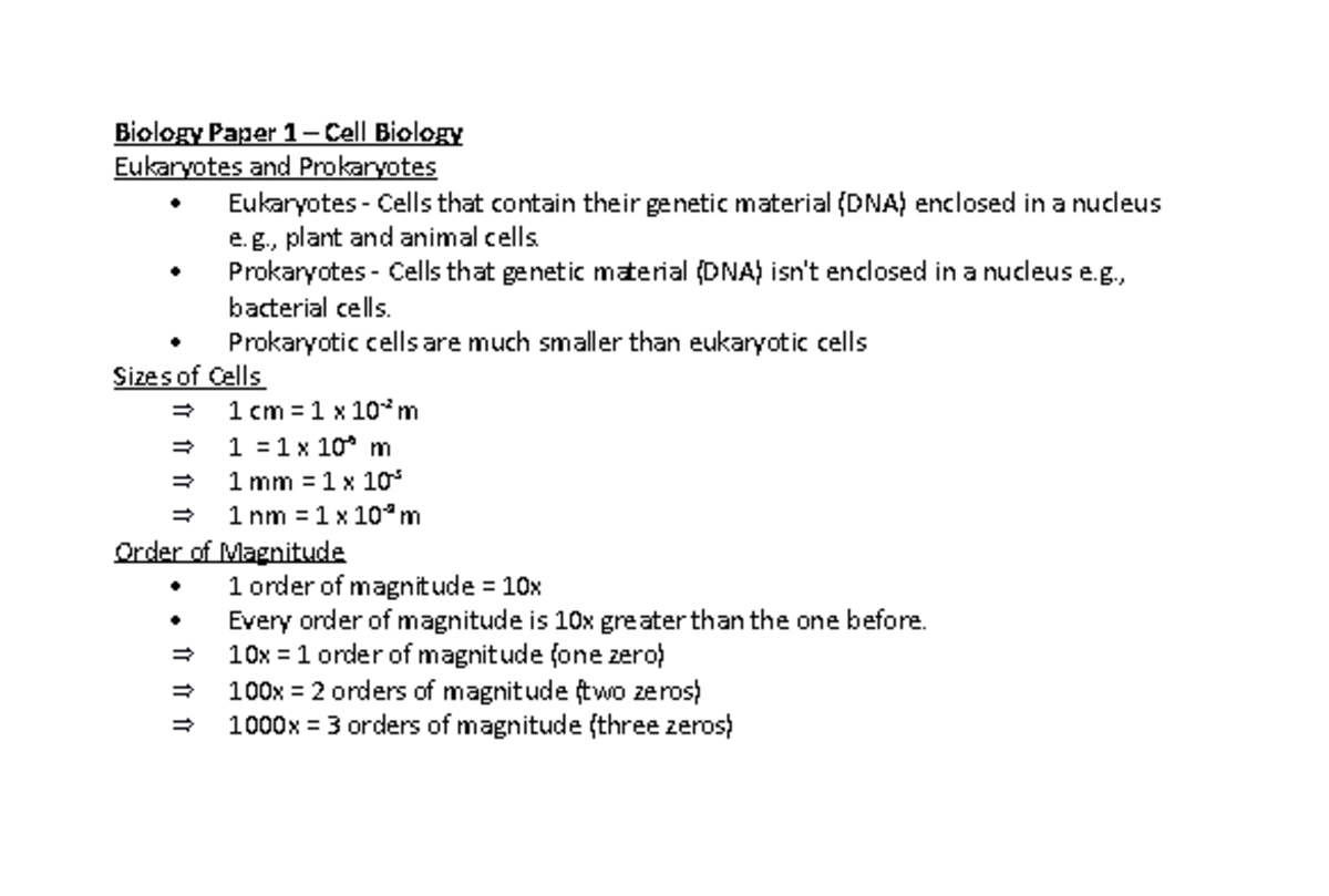 Cell biology - Biology Paper 1 – Cell Biology Eukaryotes and ...