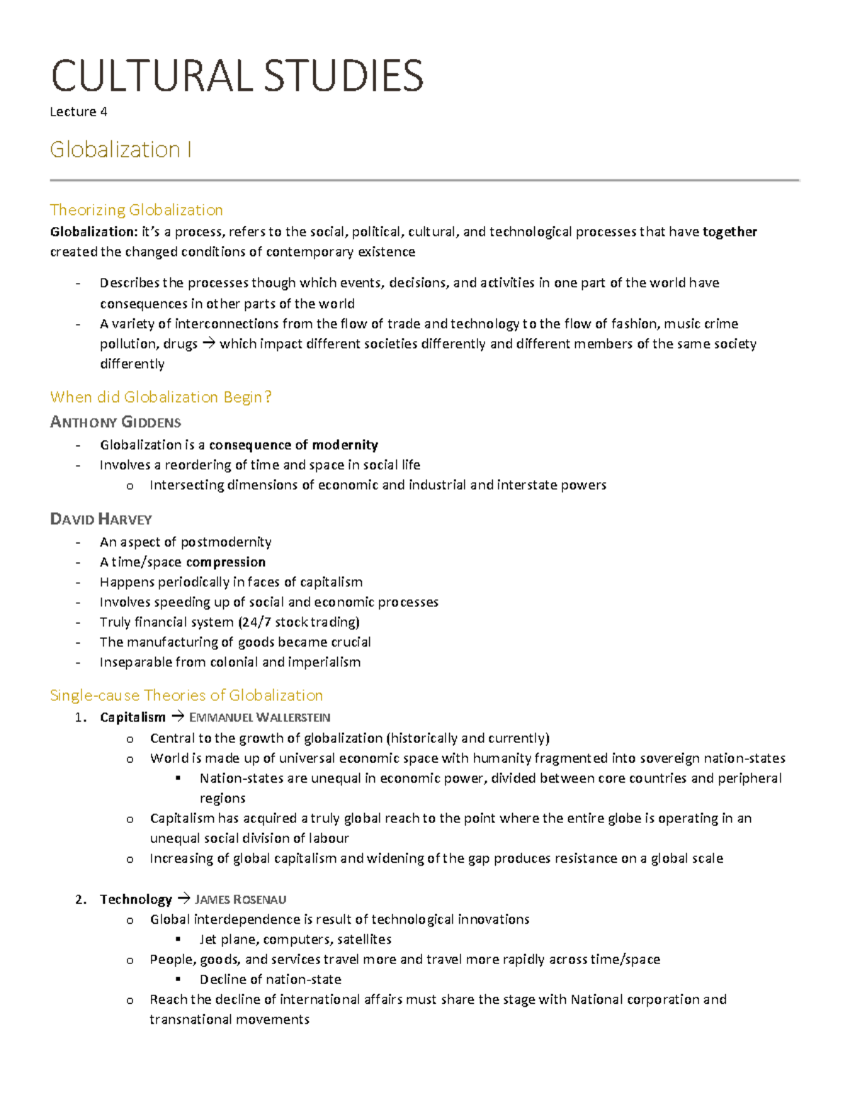 Cultural Studies - Lecture 4 - CULTURAL STUDIES Lecture 4 Globalization I Theorizing ...