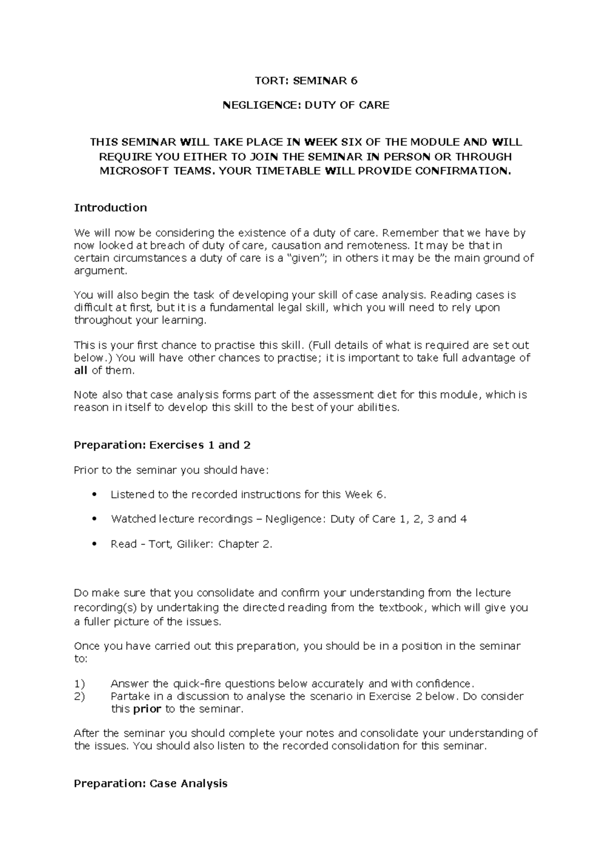Tort Seminar 6 2020 - 21 Week6 - TORT: SEMINAR 6 NEGLIGENCE: DUTY OF ... Tort Seminar 6 2020 - 21 Week6 - TORT: SEMINAR 6 NEGLIGENCE: DUTY OF ...