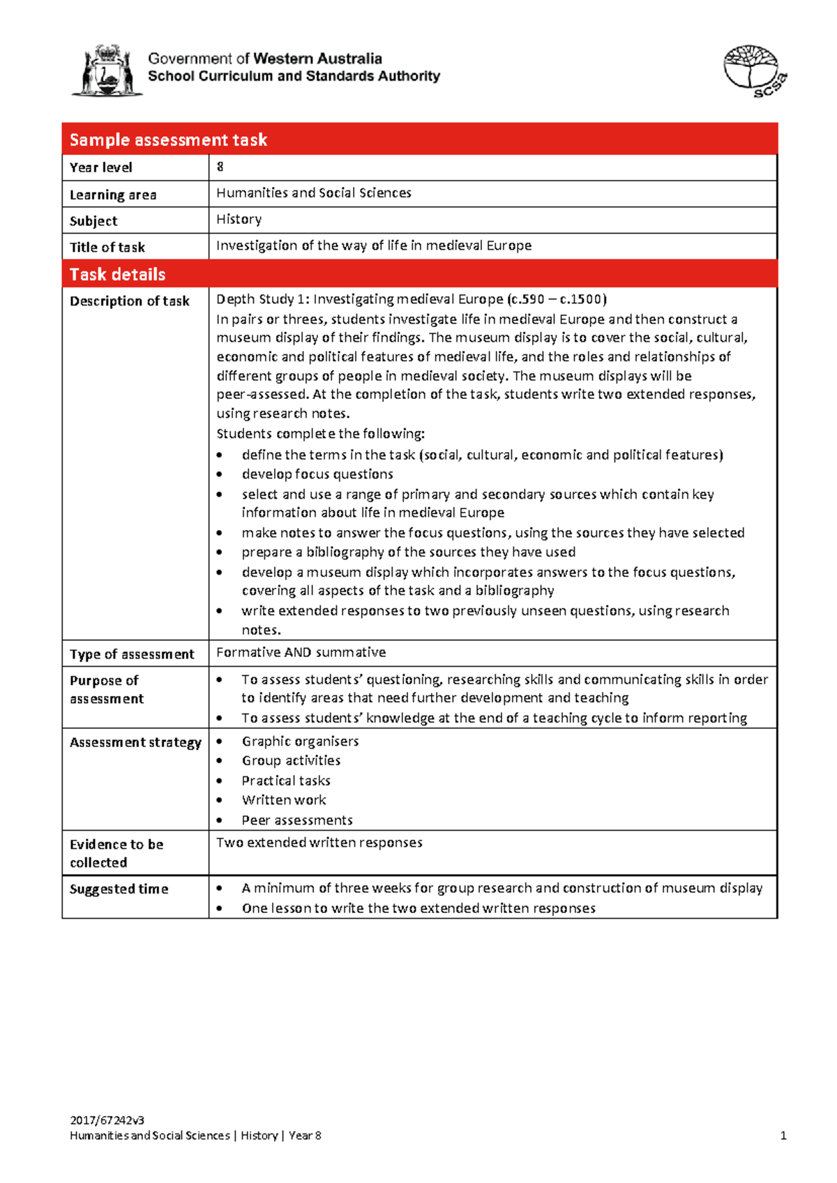 HASS History Year 8 Assessment Activity Medieval Europe - 2017/67242v ...