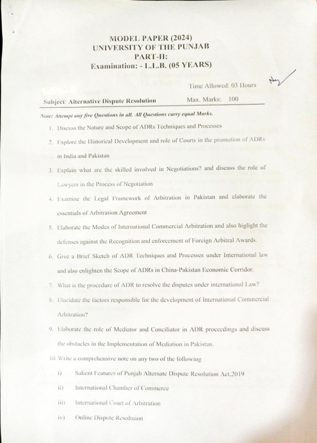 Model Paper ADR - MODEL PAPER (2024) UNIVERSITY OF THE PUNJAB ...