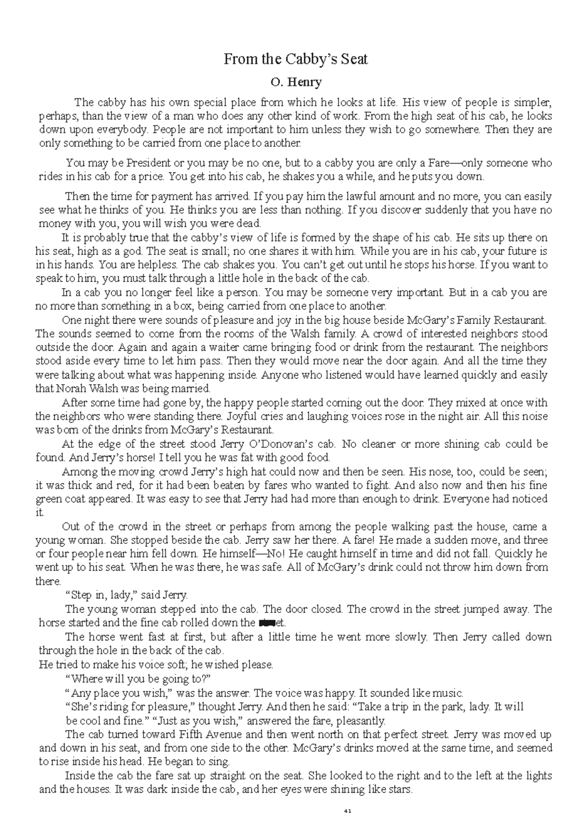 From the cabby s seat - English 10 - From the Cabby’s Seat O. Henry The ...
