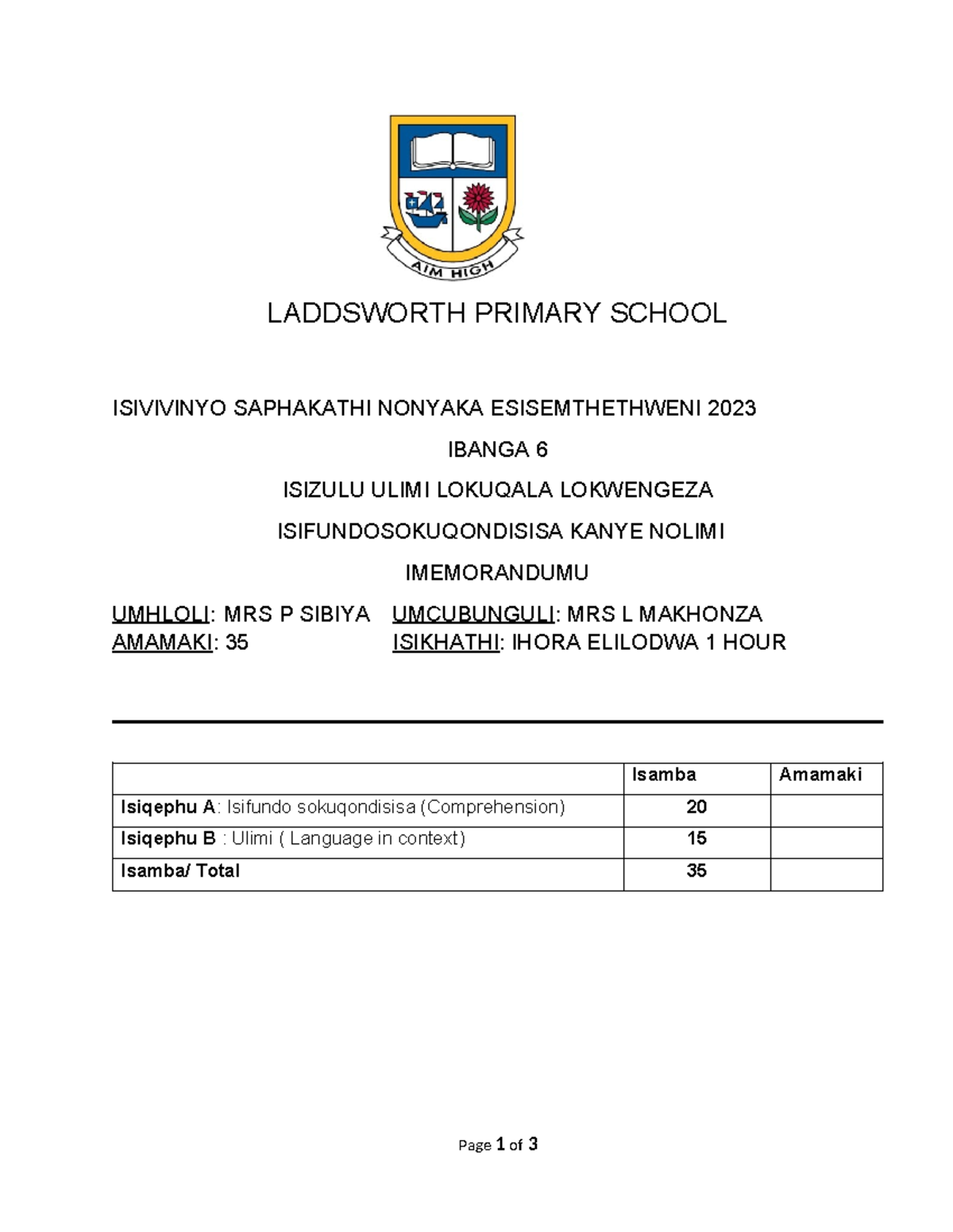 Paper 2 EXAM MEMO-1 - Memo - LADDSWORTH PRIMARY SCHOOL ISIVIVINYO SAPHAKATHI NONYAKA ...