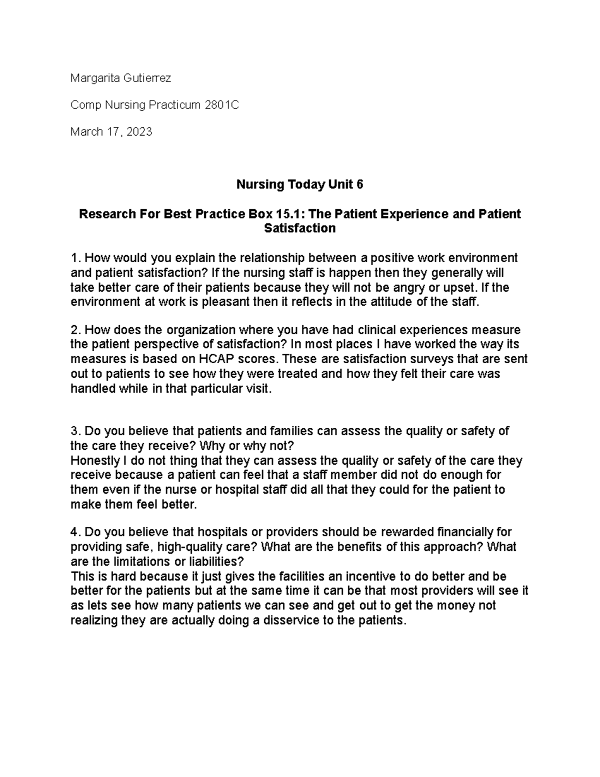 Nursing Today Unit 6 - Margarita Gutierrez Comp Nursing Practicum 2801C ...