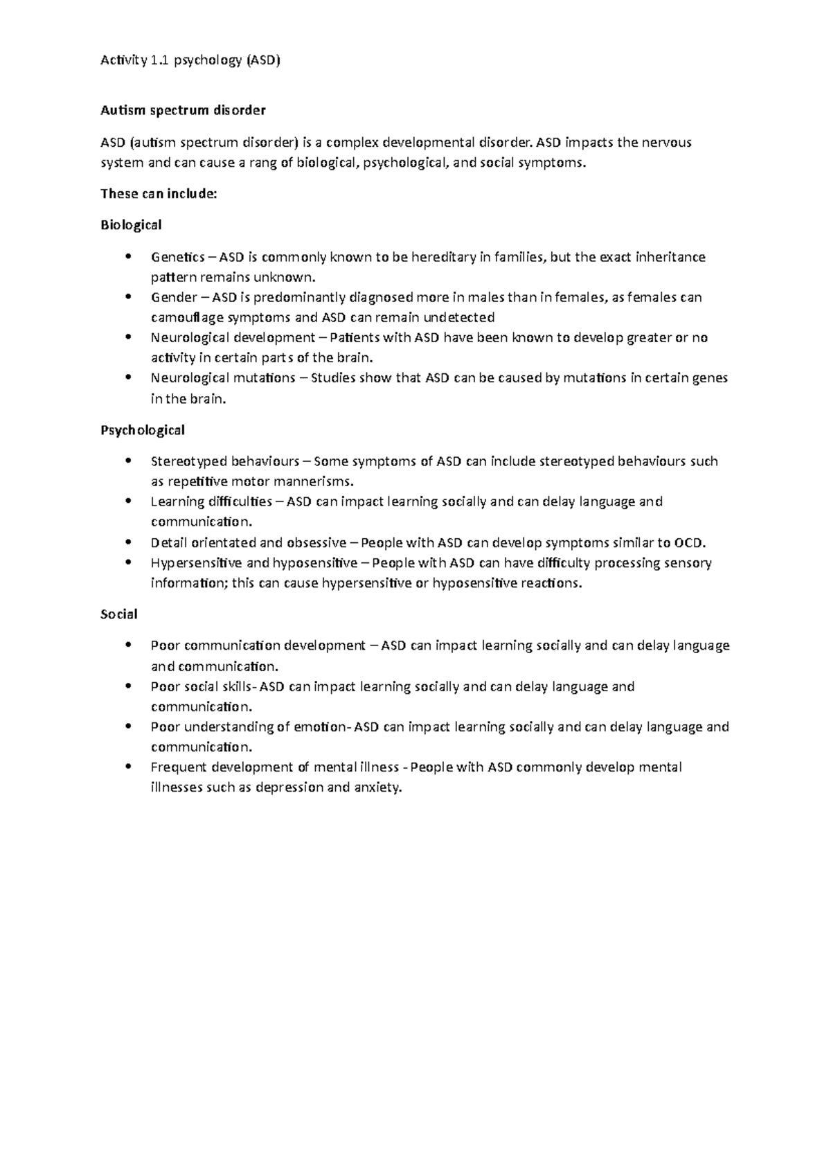 Autism spectrum disorder activity 1 - Activity 1 psychology (ASD ...