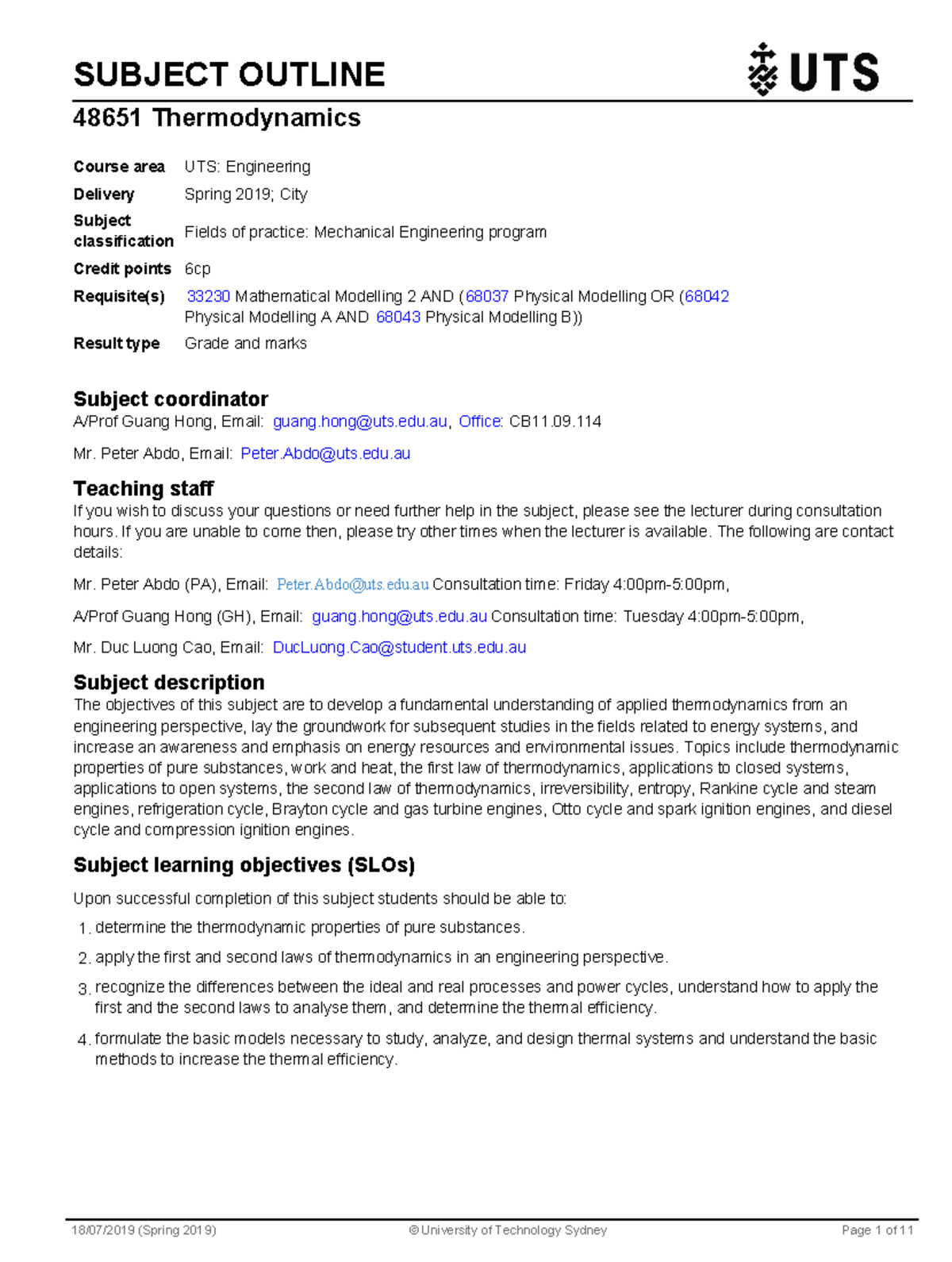 Subject Outline - SUBJECT OUTLINE 48651 Thermodynamics Course area UTS ...