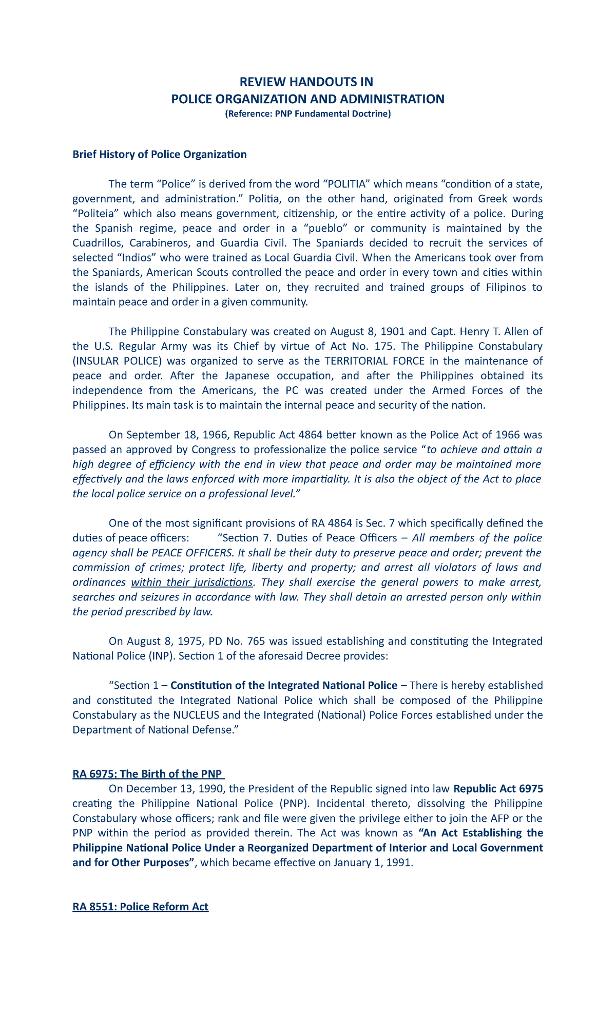 Review Handouts IN Police Organization A - REVIEW HANDOUTS IN POLICE ...