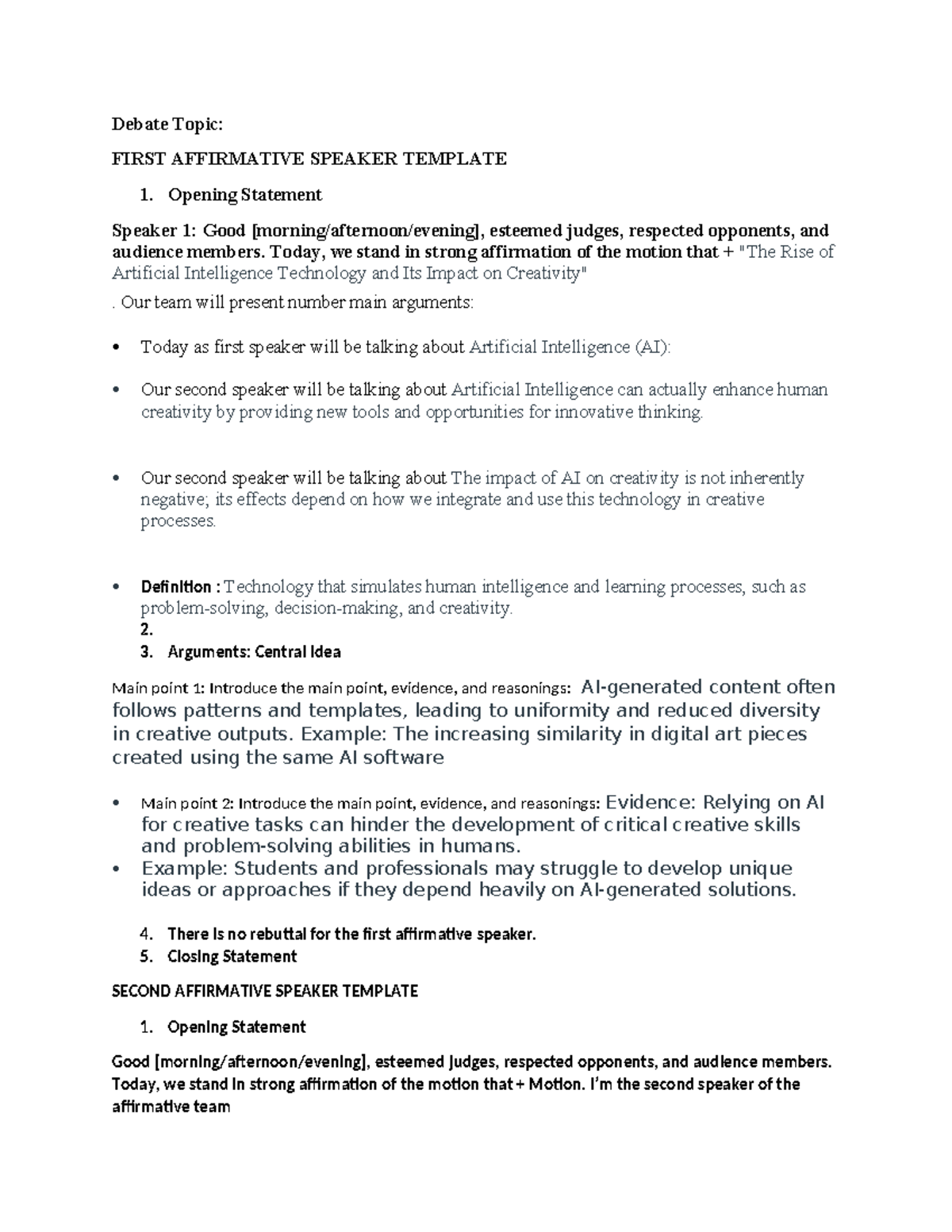 Debate Template - Debate Topic: FIRST AFFIRMATIVE SPEAKER TEMPLATE 1 ...