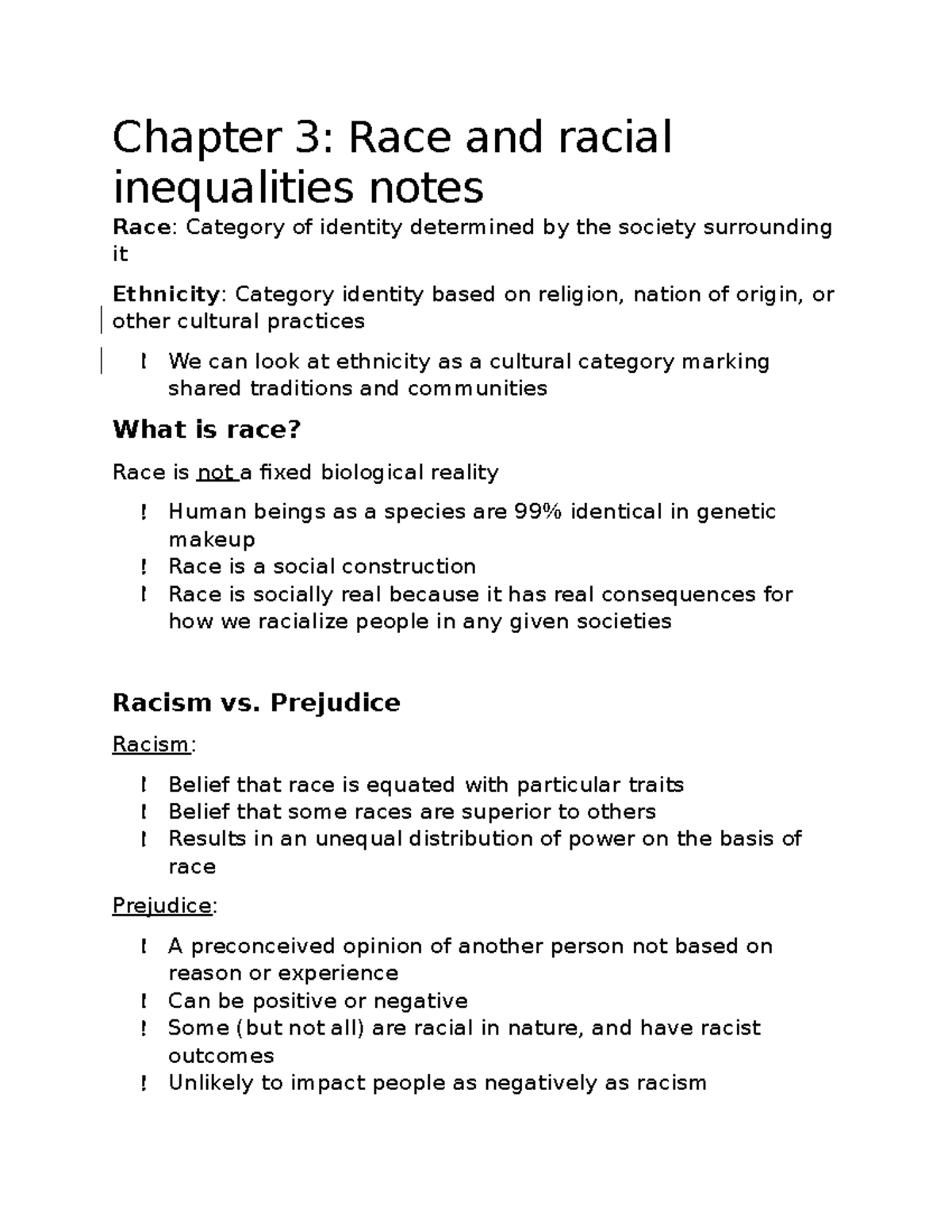 Chapter 3 notes - Chapter 3: Race and racial inequalities notes Race ...