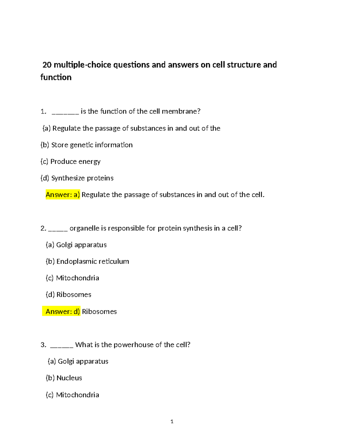 20 multiple-choice questions and answers on cell structure and function ...