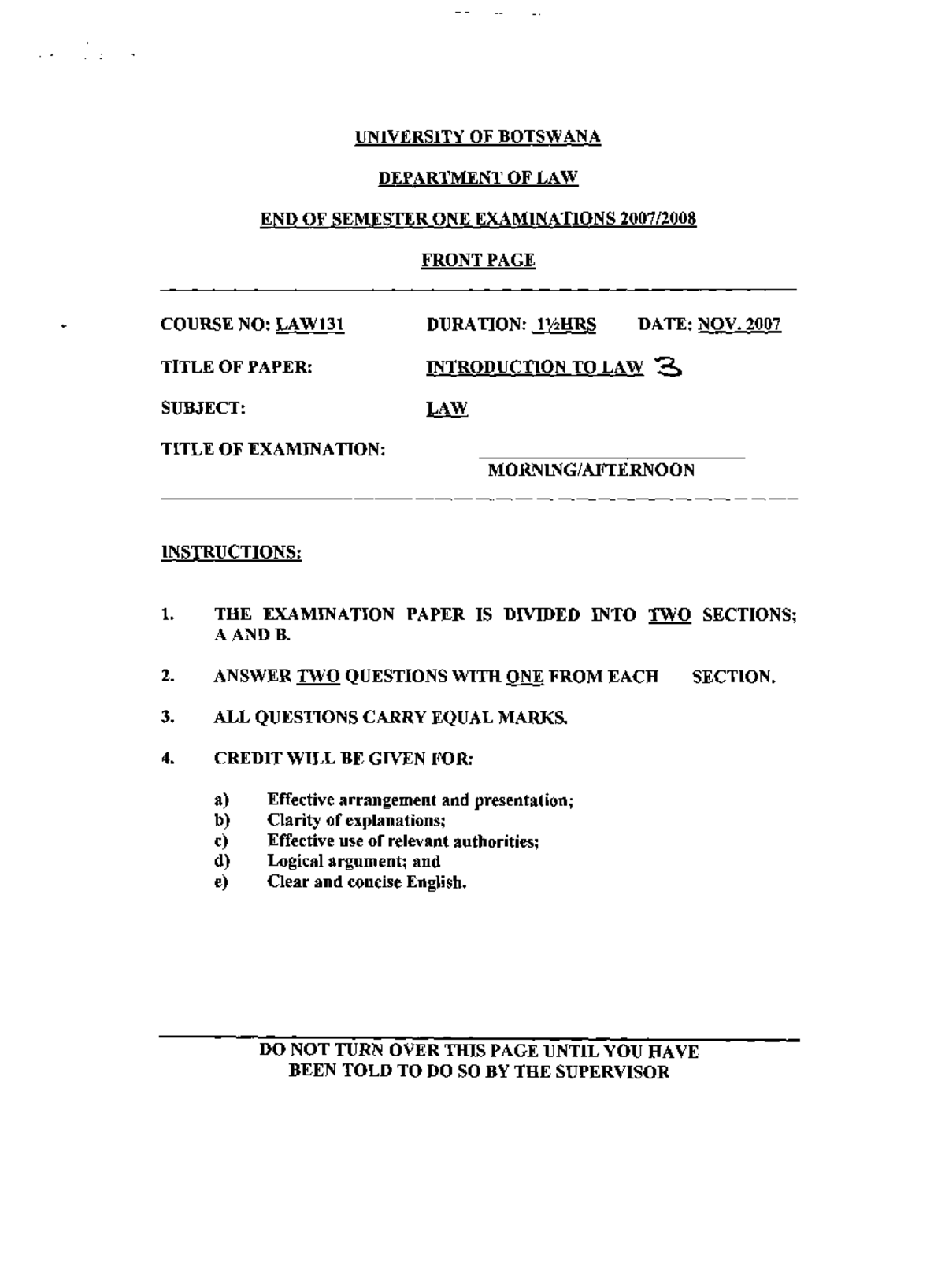 November 2007 exam paper - Introduction to Law - Studocu