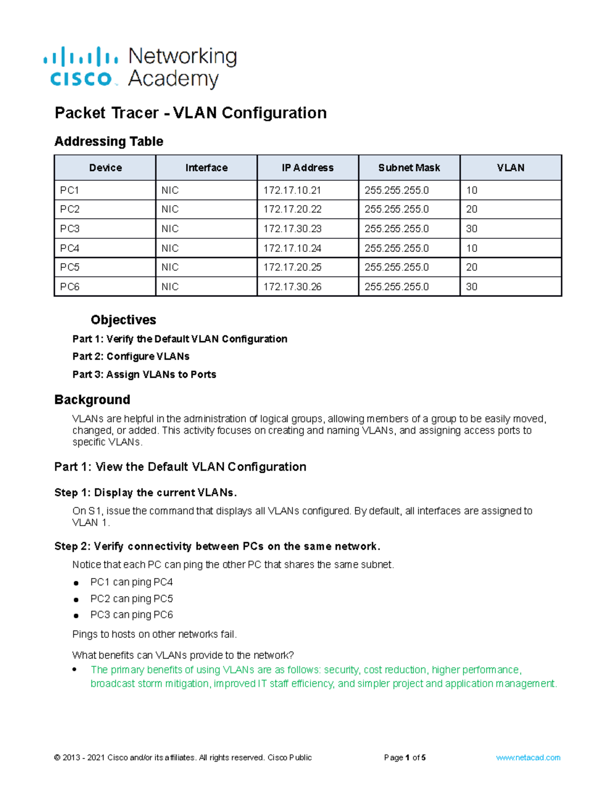 3.3.12 Packet Tracer - VLAN Configuration - Addressing Table Device ...