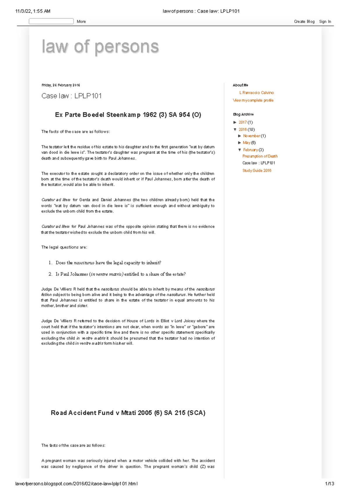 Law of persons Case law LPLP101 - law of persons law of persons Friday ...