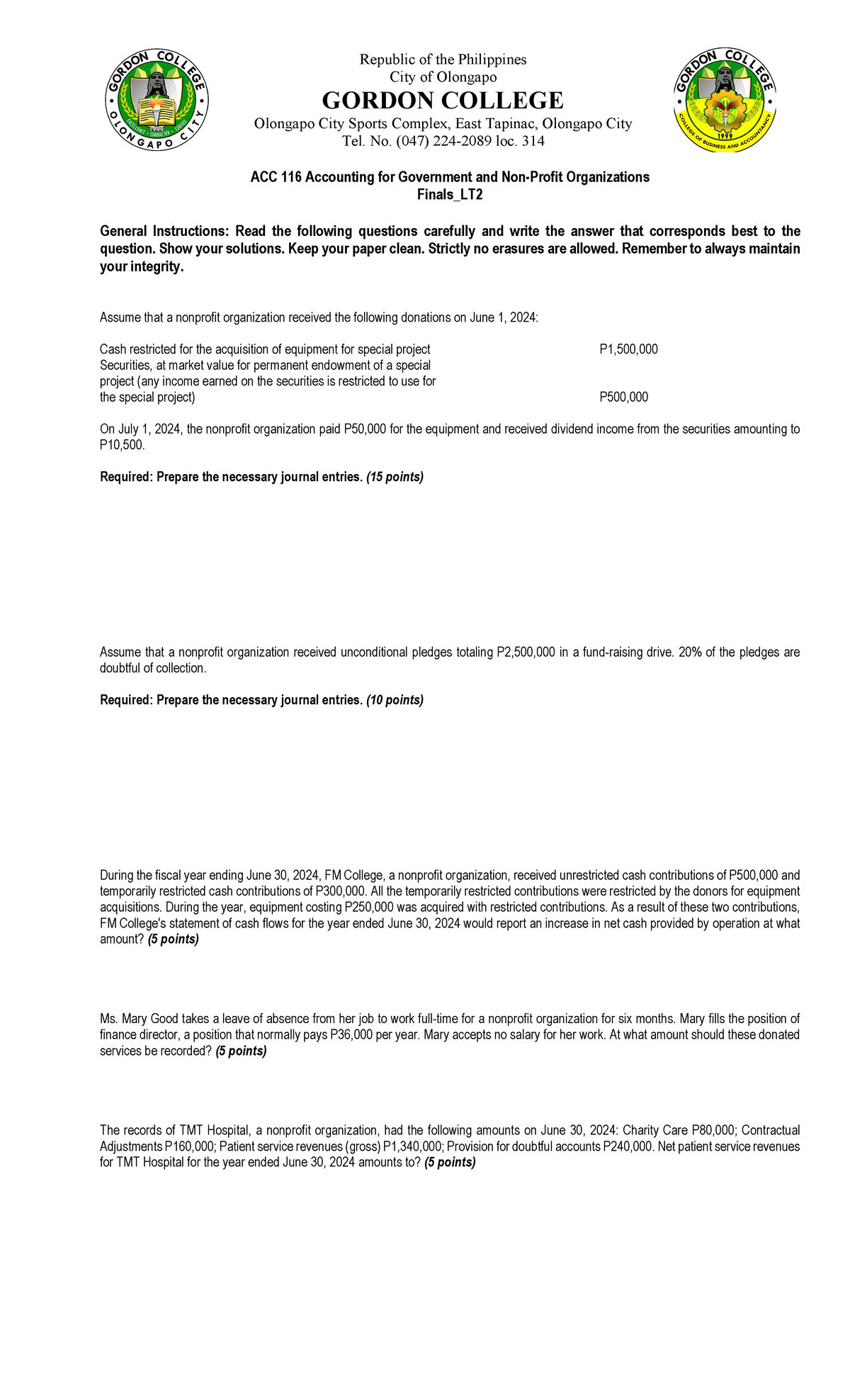 ACC116 Finals Learning Task 2 - Republic of the Philippines City of ...