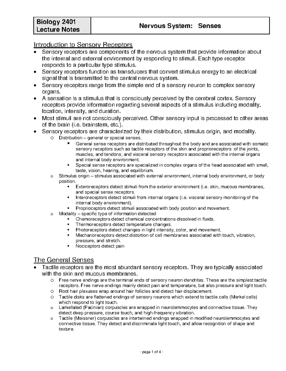 Senses - Lecture Notes Nervous System: Senses Introduction to Sensory ...