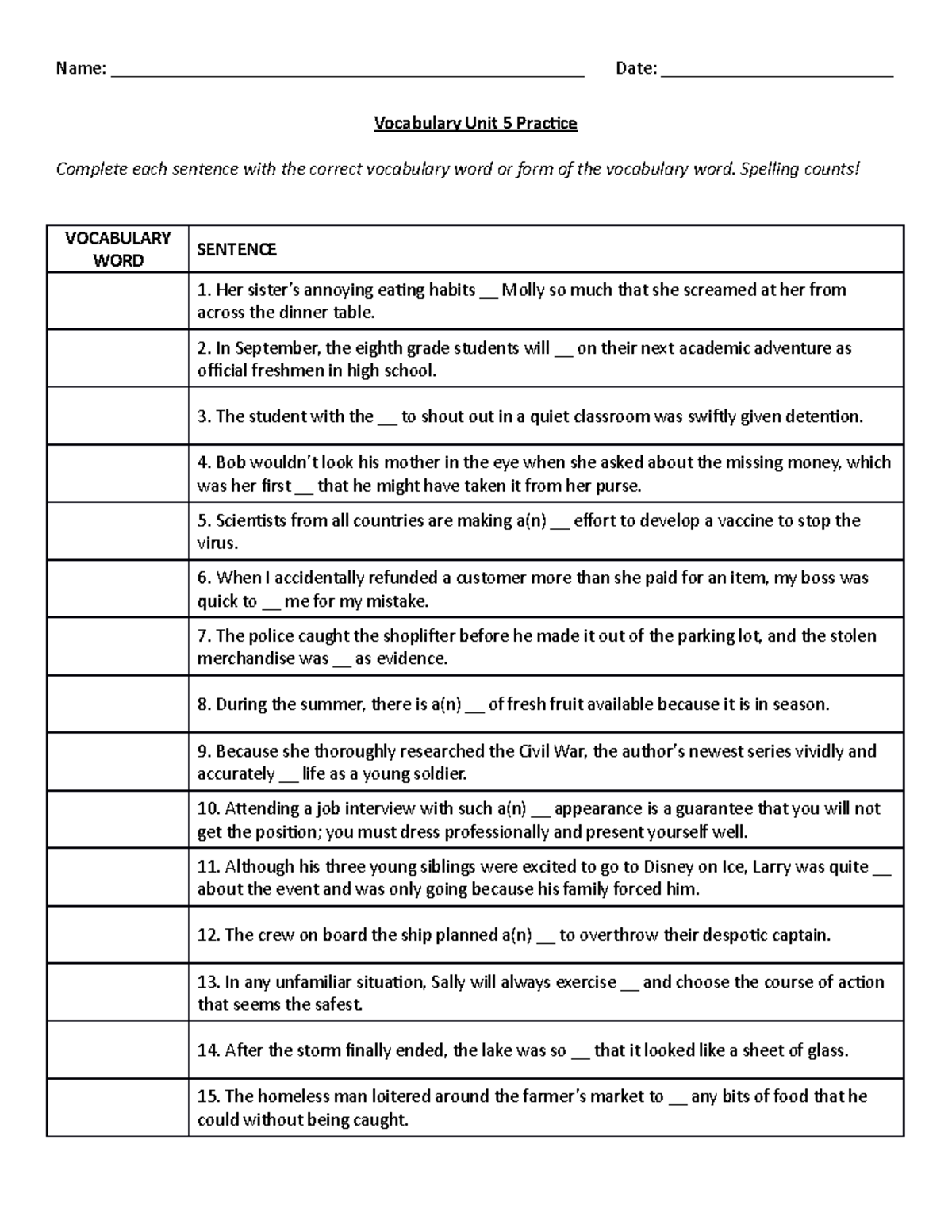 8th grade vocabulary unit 5 - Name ...