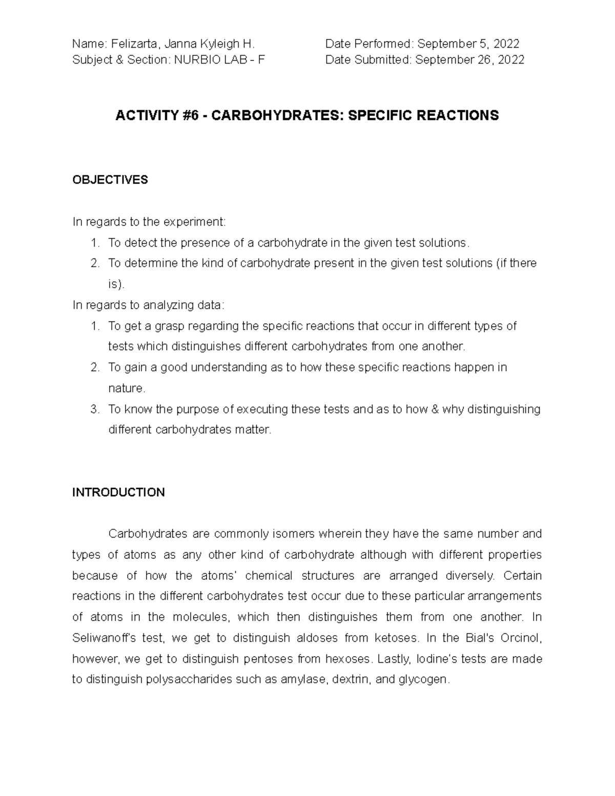 Activity #6 - Carbohydrates Specific Reactions - Subject & Section ...