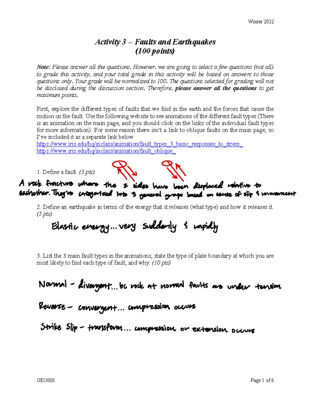 Activity 3 (Homework for disc.) - Activity 3 – Faults and Earthquakes ...