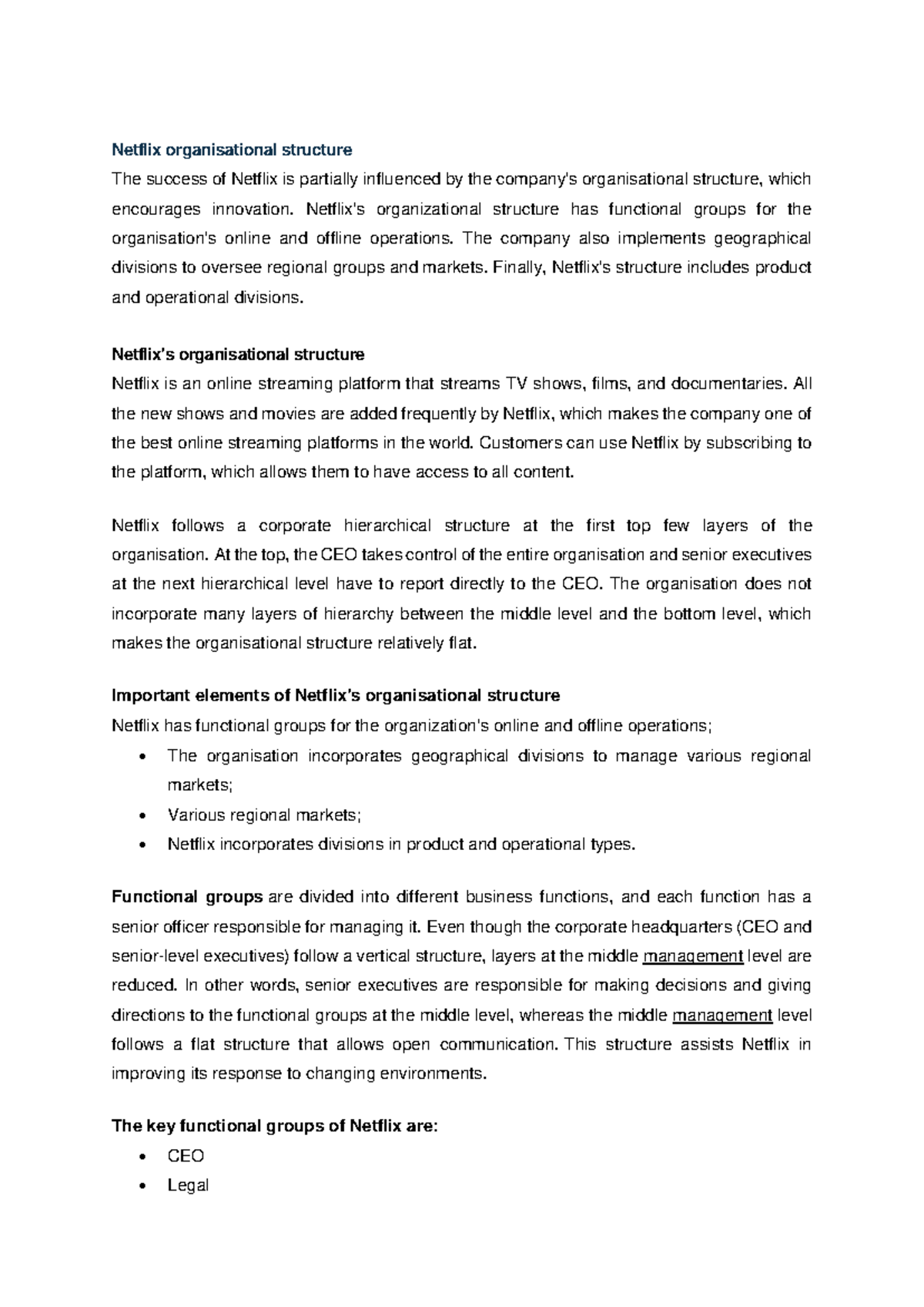 Case study for test 2 BMA - Netflix organisational structure The ...