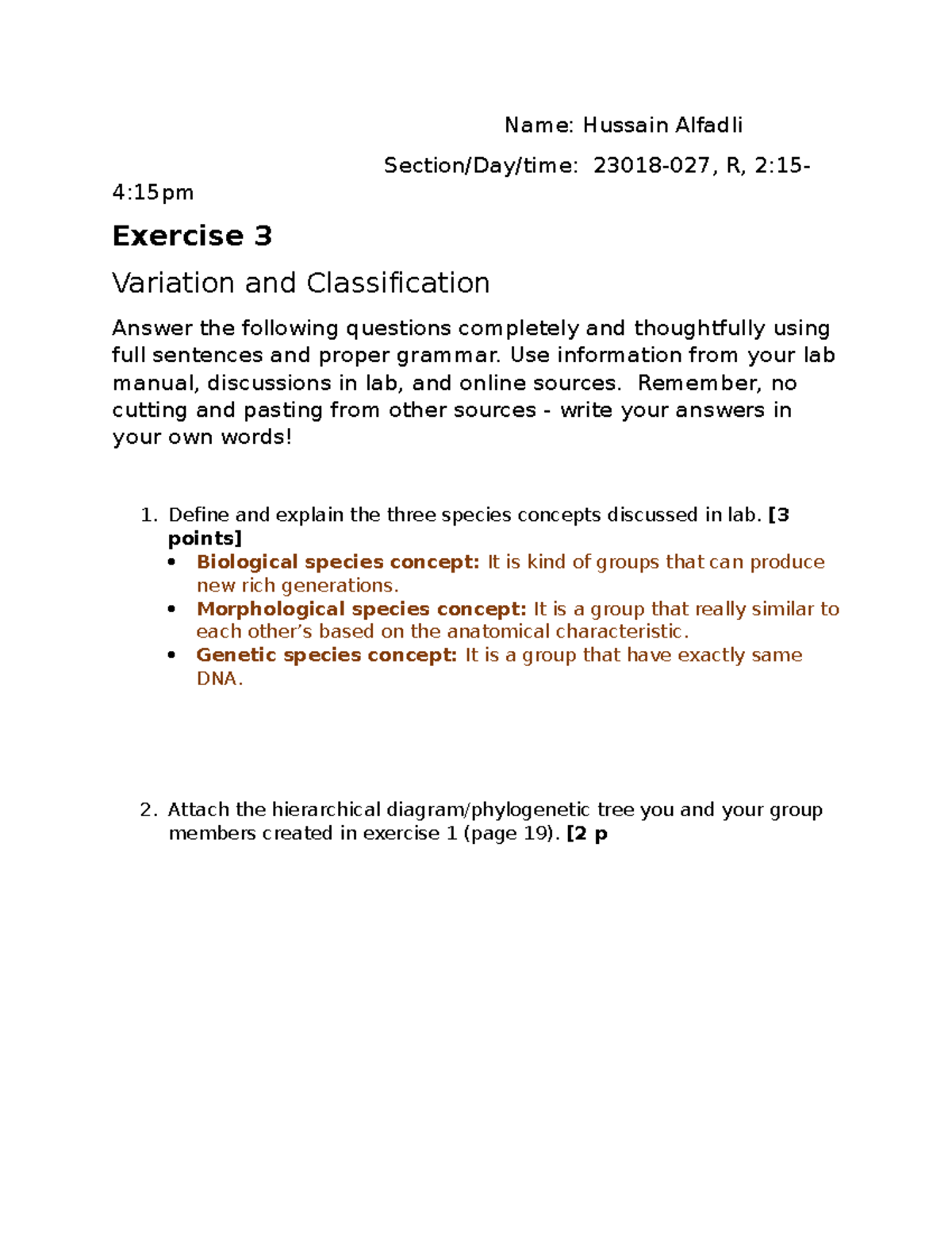 Worksheet Variation and Classification - Name: Hussain Alfadli Section ...