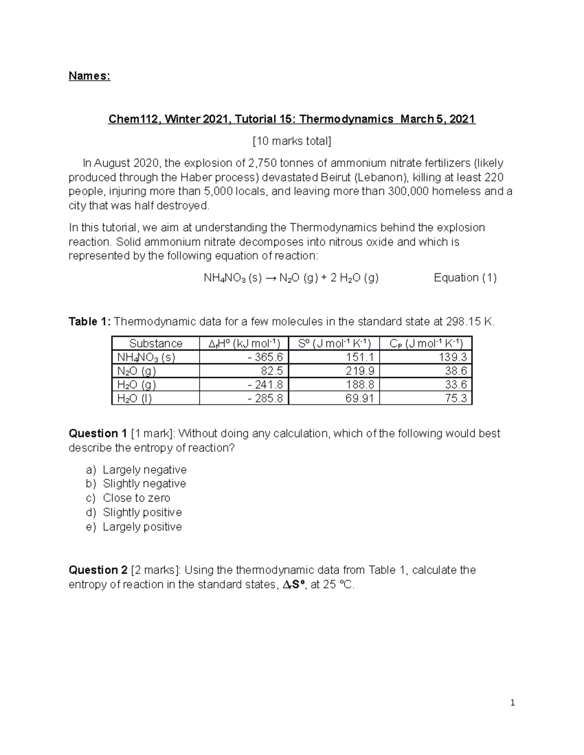 CHEM112 Tutorial 15 Worksheet - Names: Chem112, Winter 2021, Tutorial ...