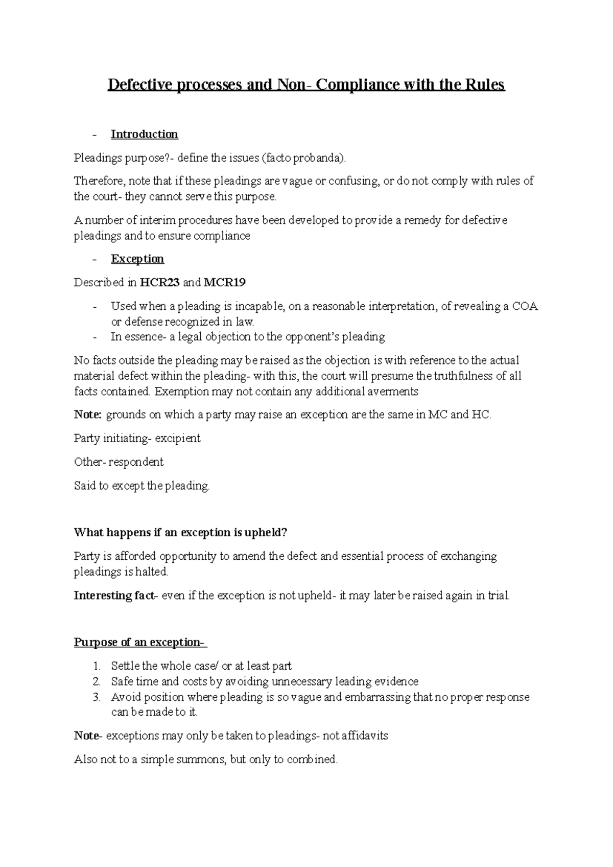 Exceptions and Special Pleas - Defective processes and Non- Compliance with the Rules ...