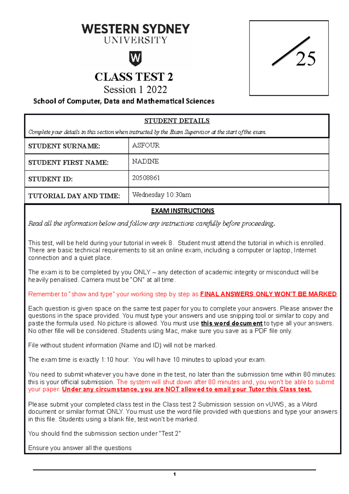 SCC Questions Test 2 - Session 1 2022 - CLASS TEST 2 Session 1 2022 25 ...