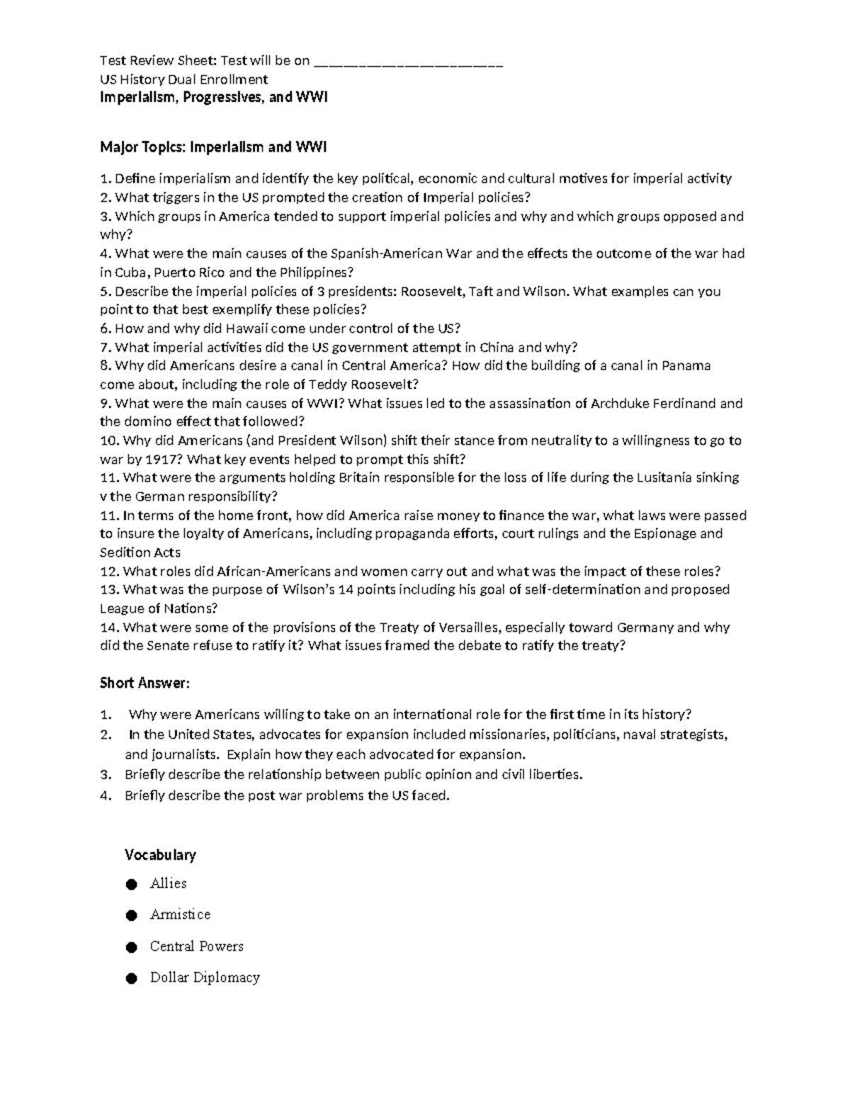 Copy of Test Review Sheet Imp WWI and progressives - Test Review Sheet ...