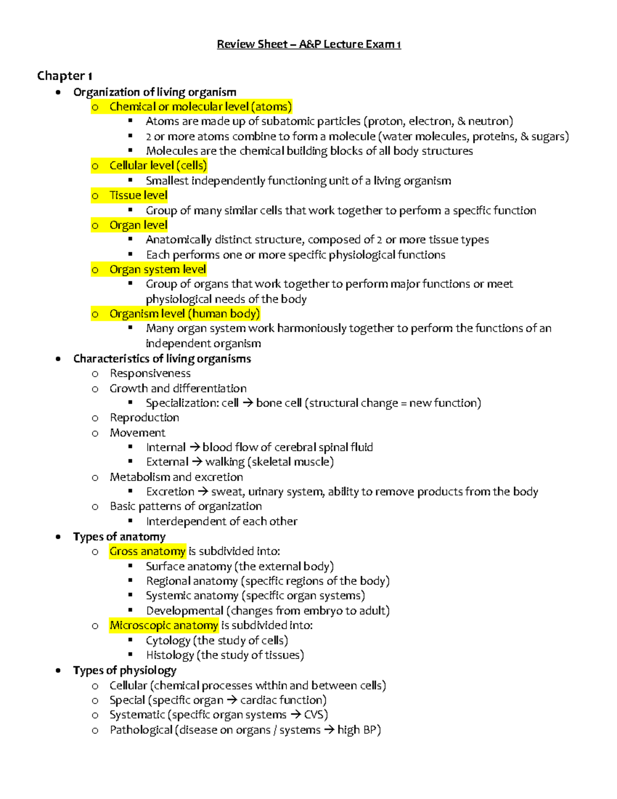 Exam I Review Sheet - Review Sheet 3 A&P Lecture Exam 1 Chapter 1 ...