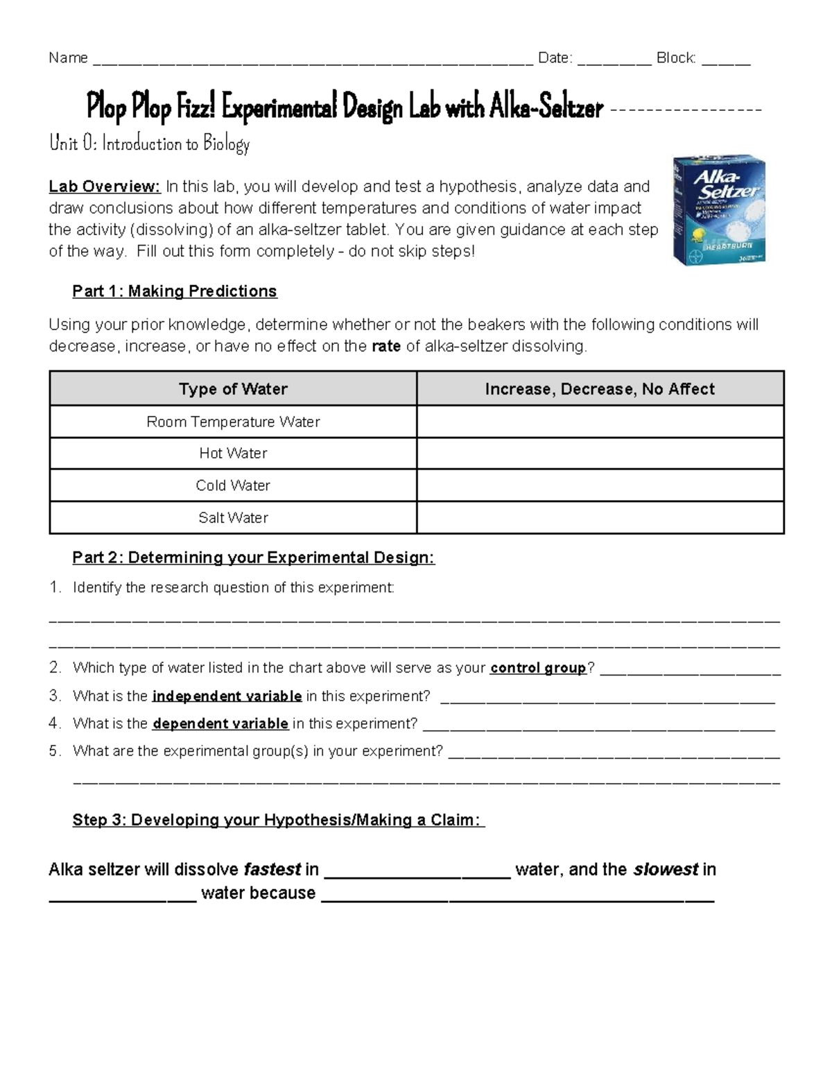 Plop Plop Fizz - Experimental Design with Alkaselzter - Name - Studocu