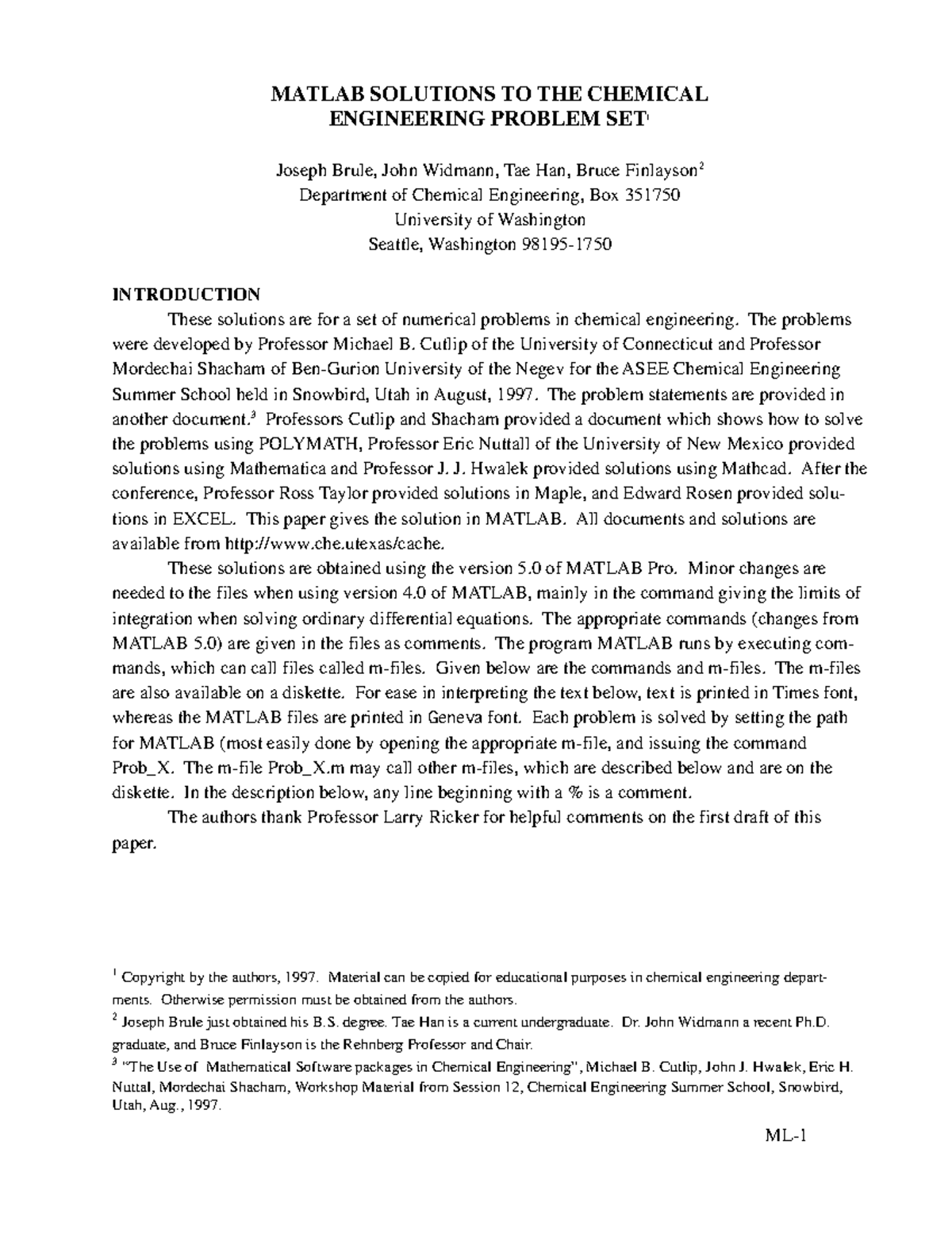 Ten Problems Solutions Matlab - MATLAB SOLUTIONS TO THE CHEMICAL ...