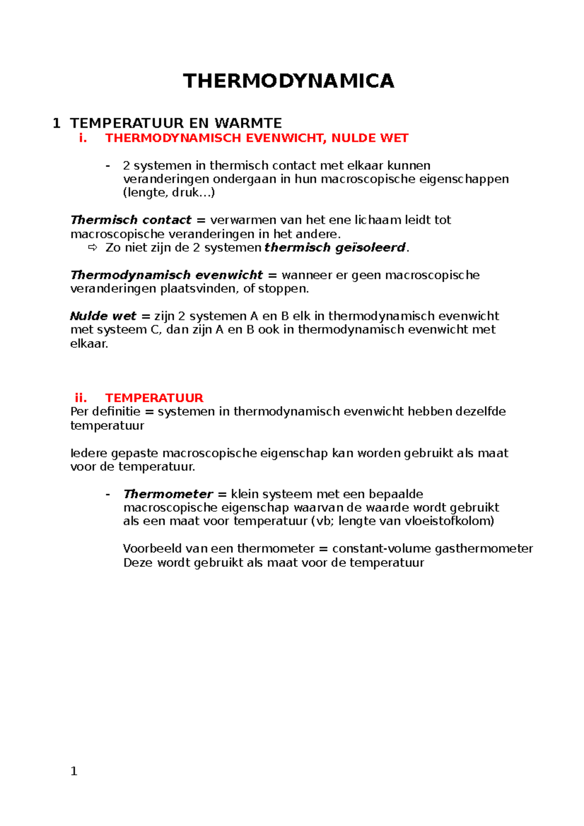 Thermodynamica Samenvatting - THERMODYNAMICA 1 TEMPERATUUR EN WARMTE i ...