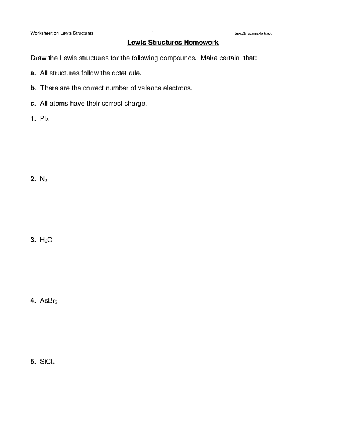 Lewis Structures Hwrk-12 - Chem 1101 - Lewis Structures Homework Draw ...