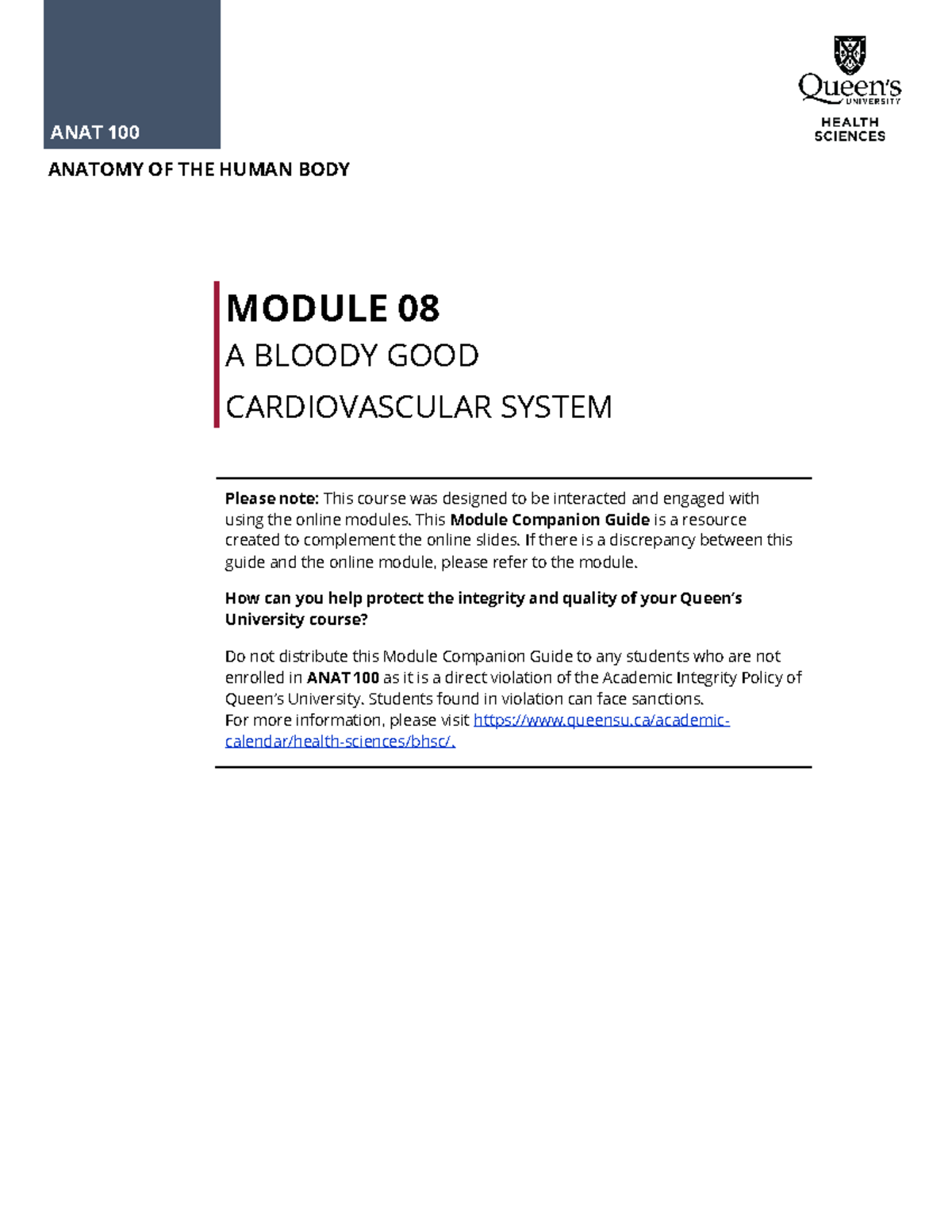 Anat mod 8 - oiw MODULE 08 A BLOODY GOOD CARDIOVASCULAR SYSTEM Please ...
