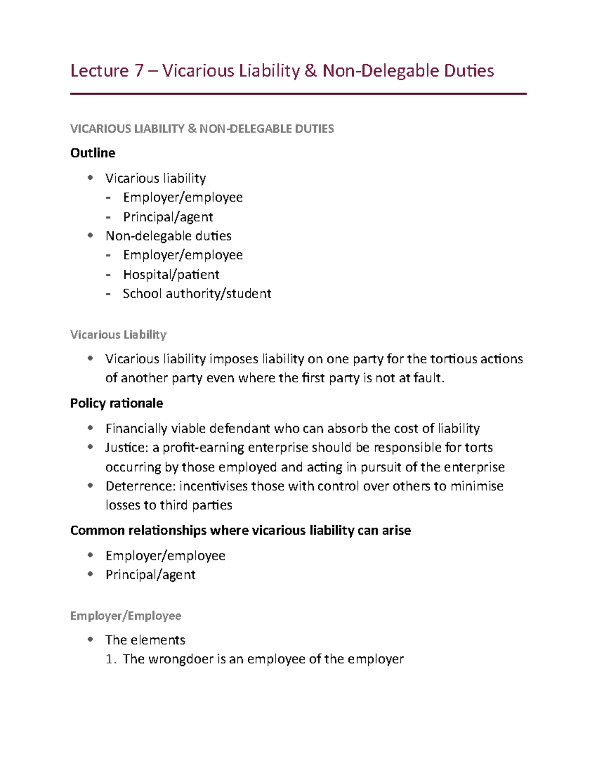 Lecture 7 - Lecture 7 – Vicarious Liability & Non-Delegable Duties ...