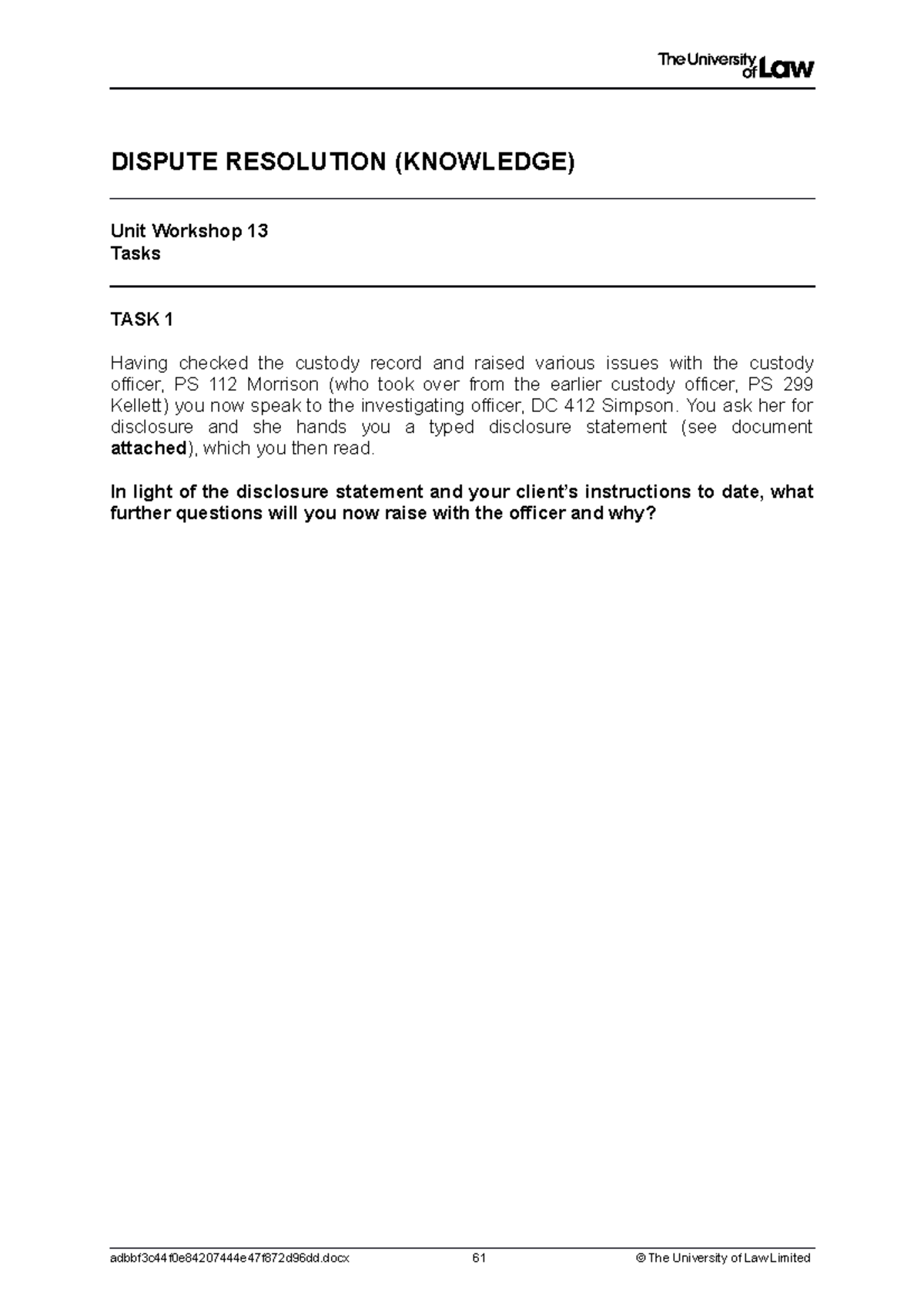 DR WS 13 Tasks - DISPUTE RESOLUTION (KNOWLEDGE) Unit Workshop 13 Tasks ...