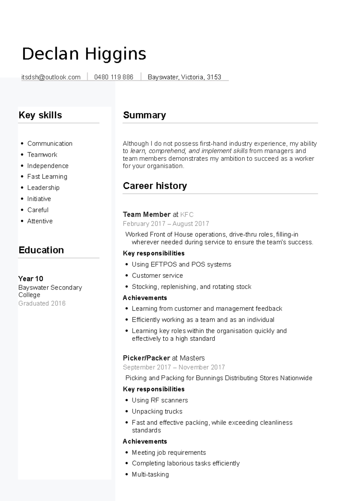 Declan Higgins Resume - 2021 - Declan Higgins itsdsh@outlook 0480 119 ...