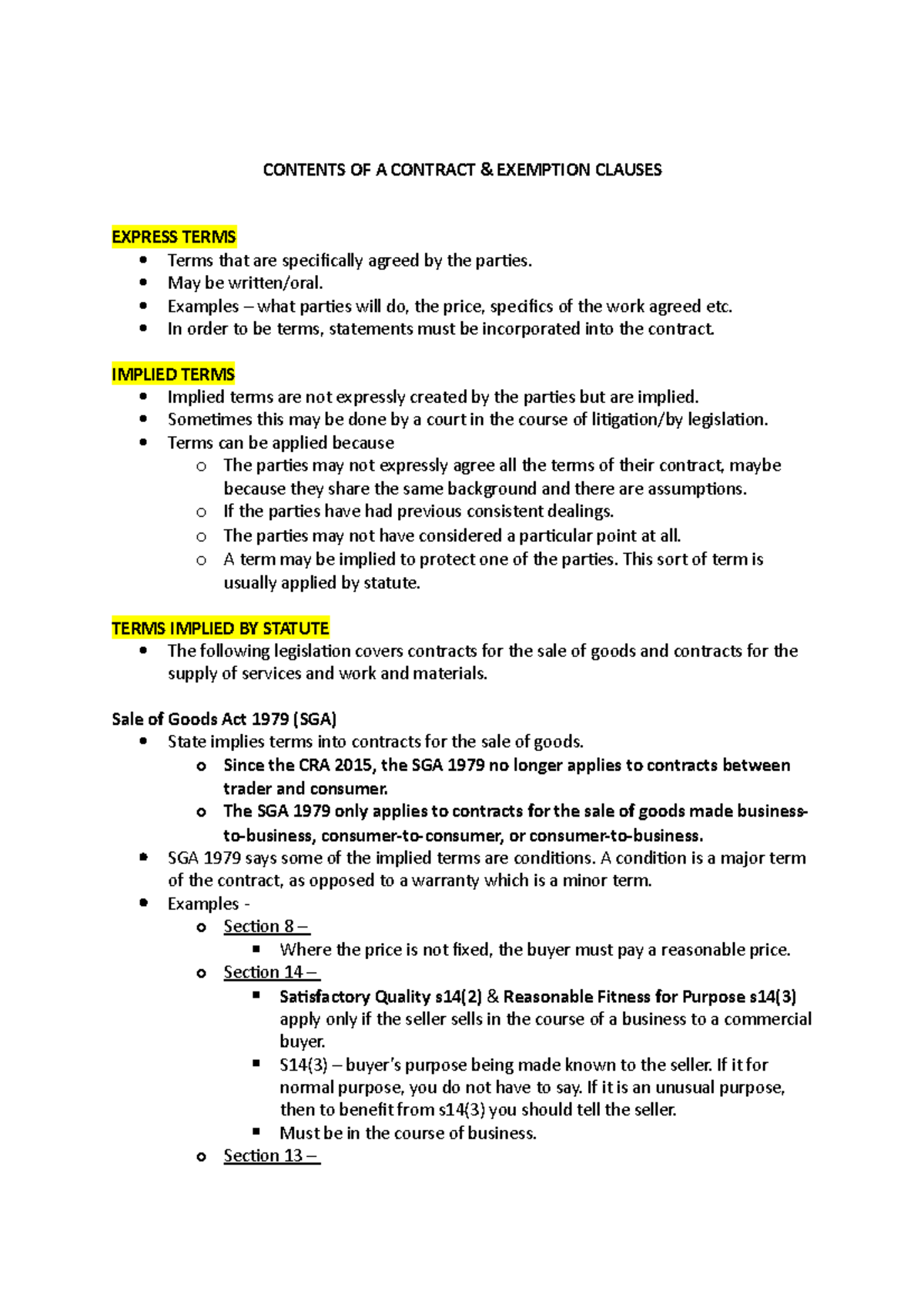 Contents Of A Contract - Exemption Clauses/Limitation Clauses ...