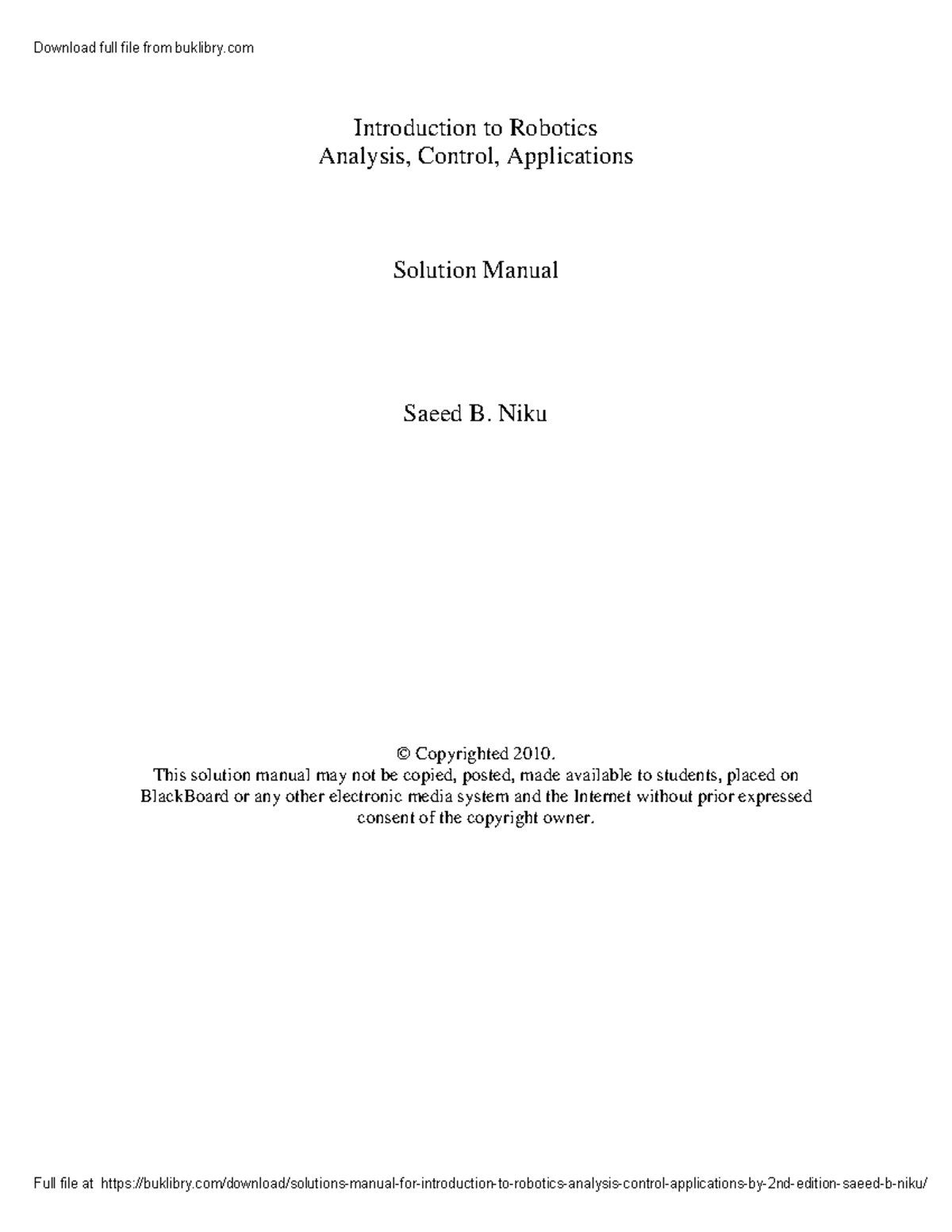 Solutions Manual For Introduction To Rob Introduction To Robotics Analysis Control