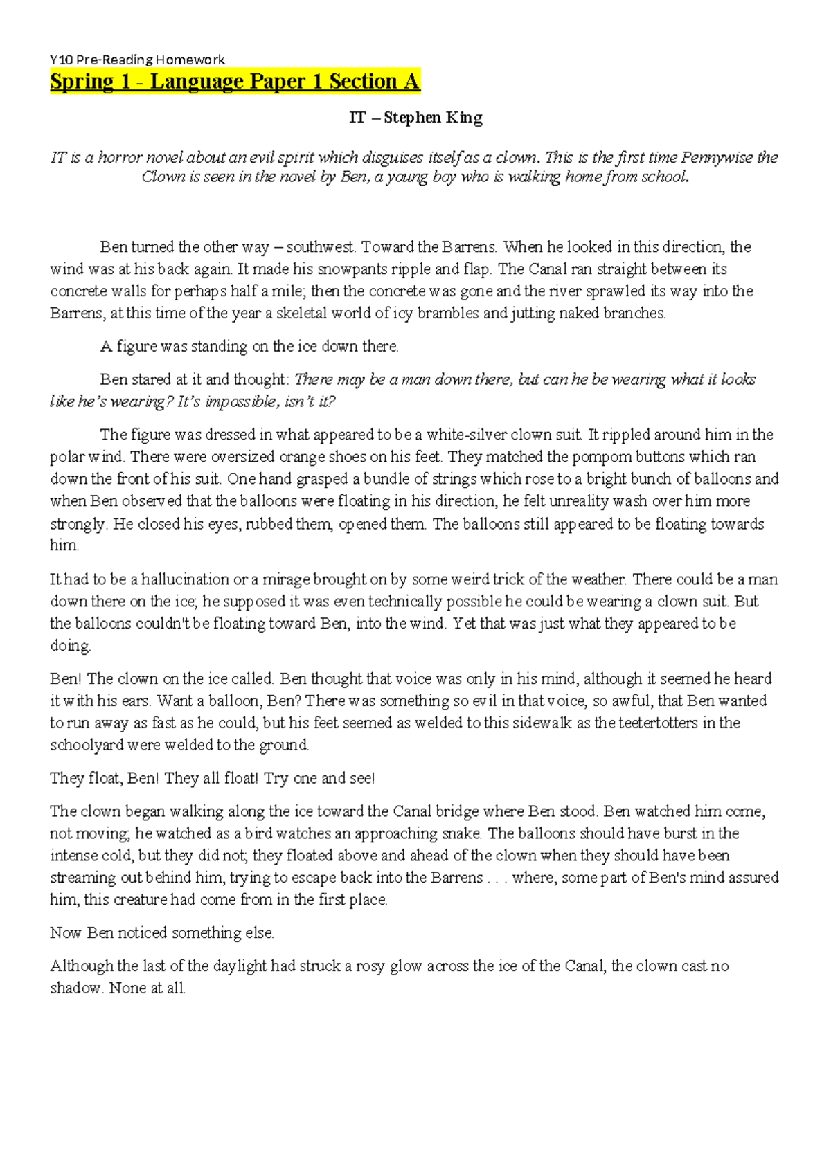 Feb Half Term Homework - idk - Spring 1 - Language Paper 1 Section A IT ...