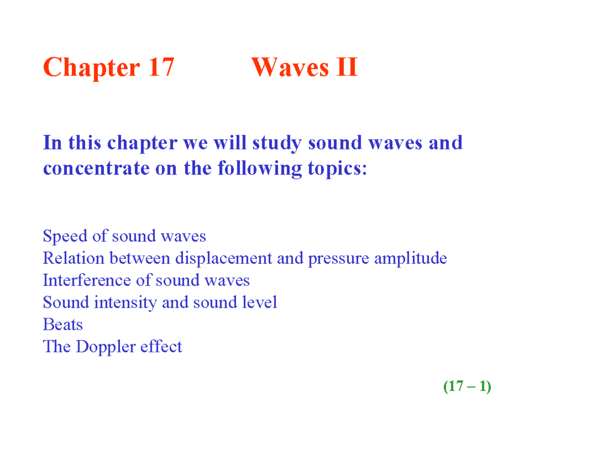 Ch17- WAVES II -slides - Chapter 17 Waves II In this chapter we will ...