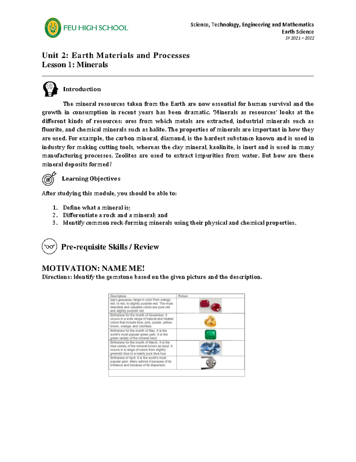 ES Study Guide Lesson 3- Minerals - Earth Science SY 2021 – 2022 Unit 2 ...