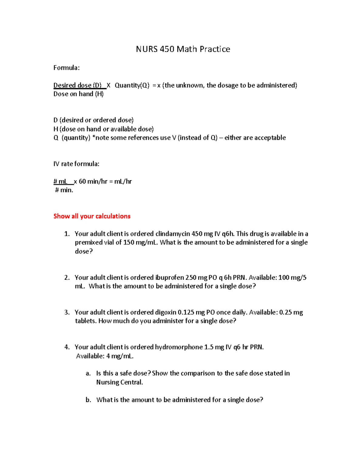 NURS 450 Med Math Practice Sept 3 - NURS 450 Math Practice Formula ...