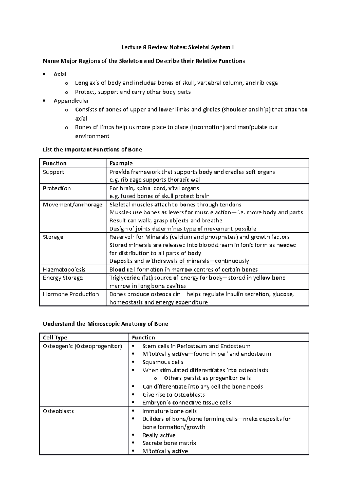 Skeletal 1: Skeletal System - Lecture 9 Review Notes: Skeletal System I ...