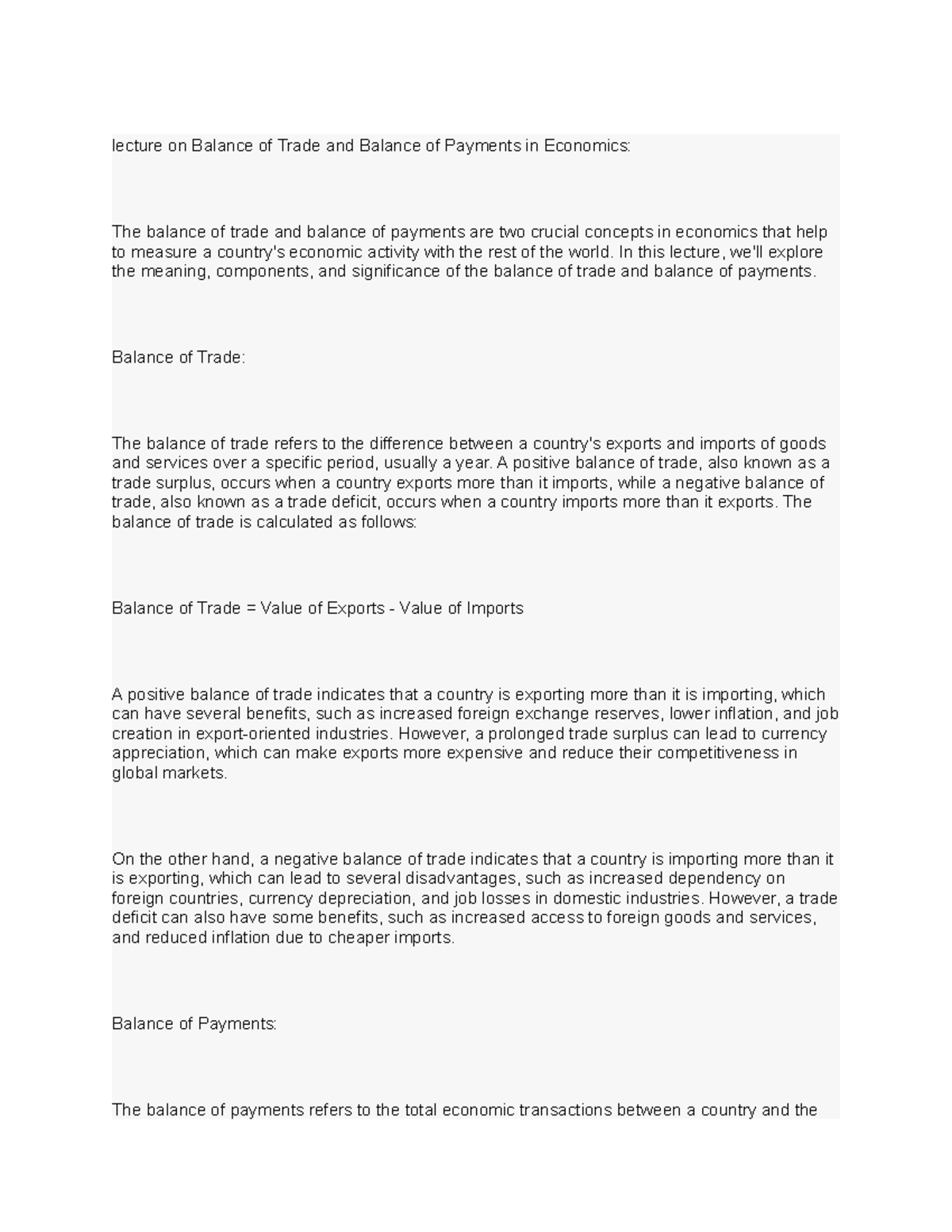 Lecture on Balance of Trade and Balance of Payments in Economics - In ...