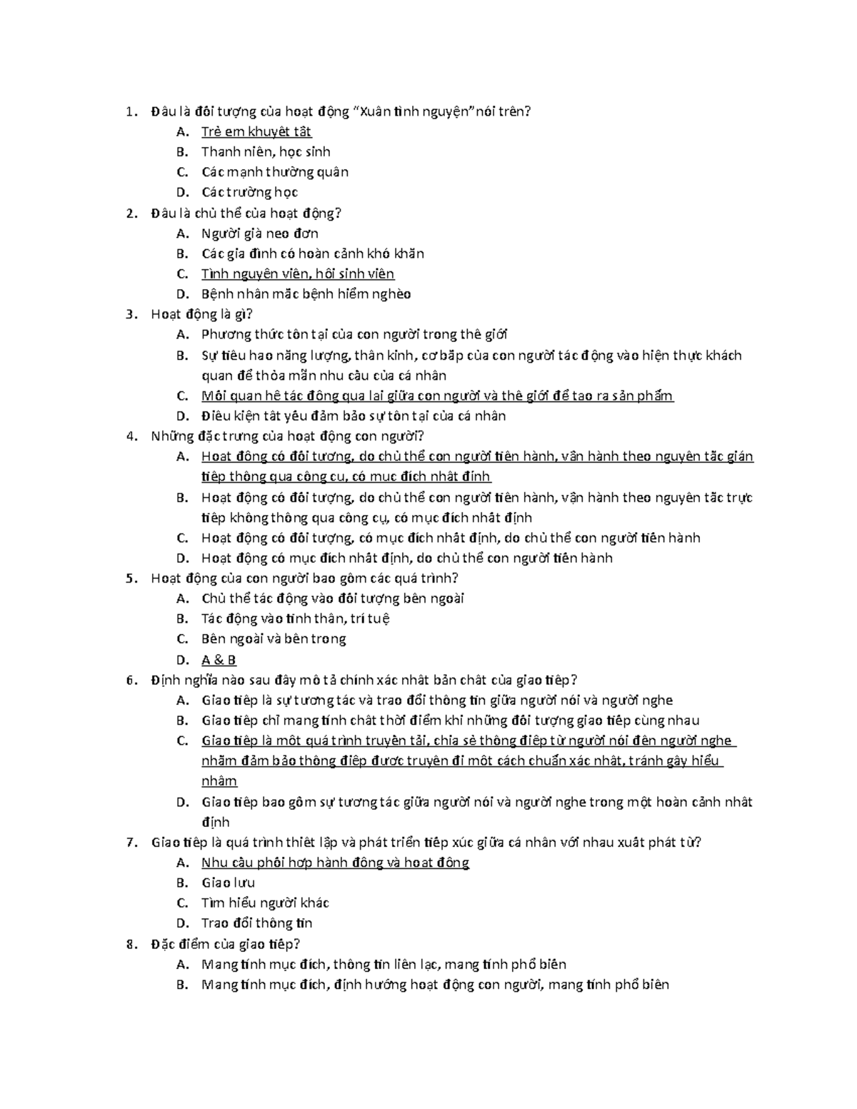 15 câu trắc nghiệm - tâm lí học - Đâu là đốối t ượng c a ho t đ ng ủ ạ ộ “Xuân tnh nguy n”ệ nói ...