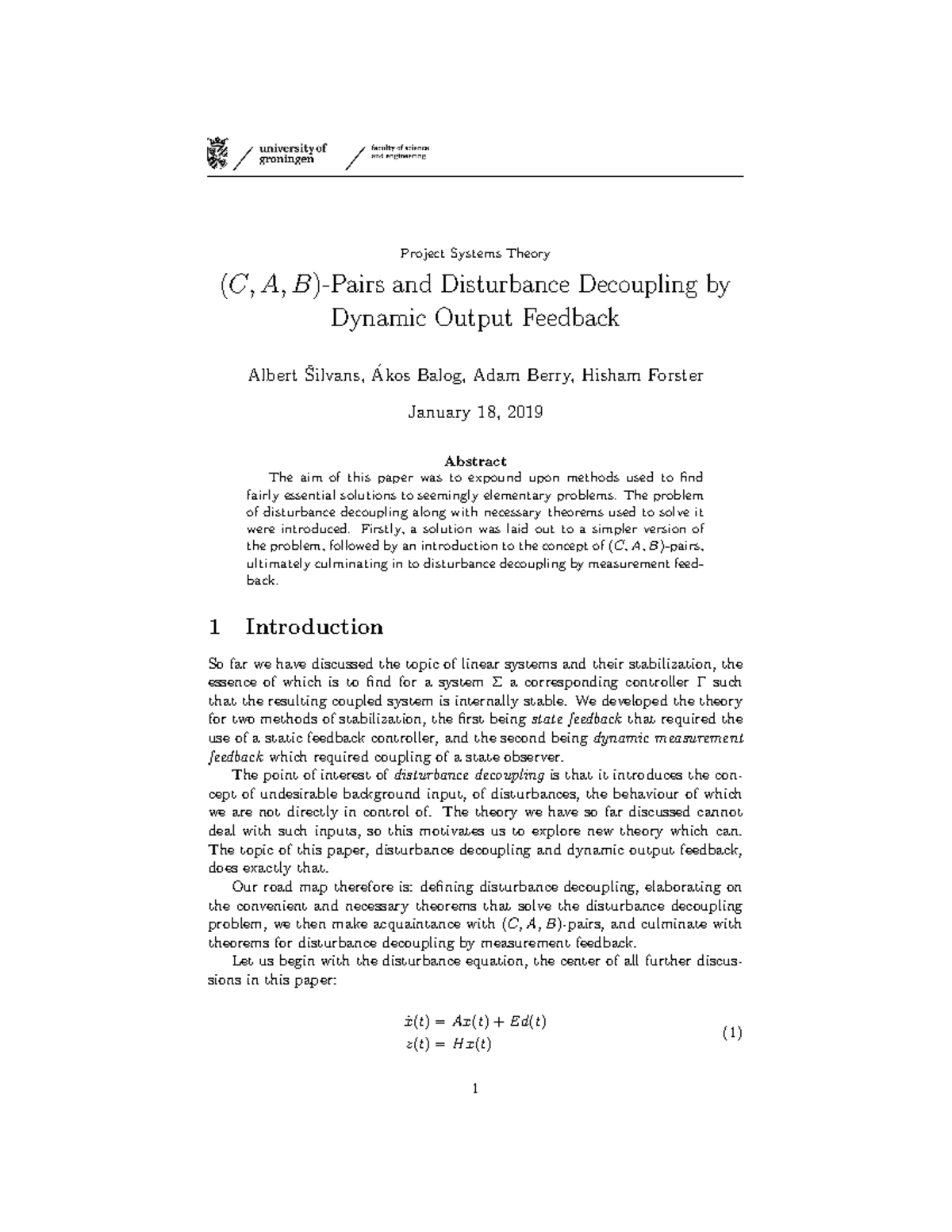 (C,A,B)-Pairs and Disturbance Decoupling - Project Systems Theory (C, A ...