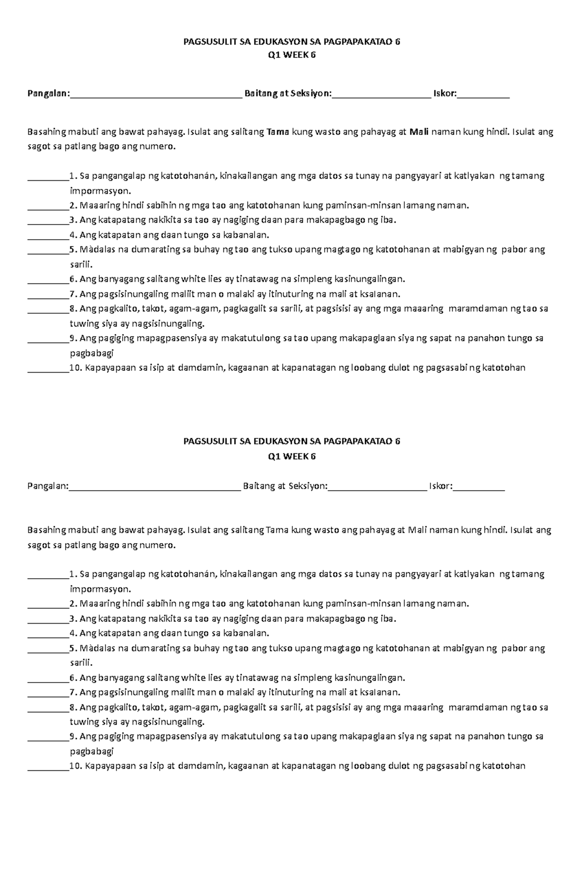 Kindergarten Quarter 1 Week 6 Activity Sheets - Printable Free Templates